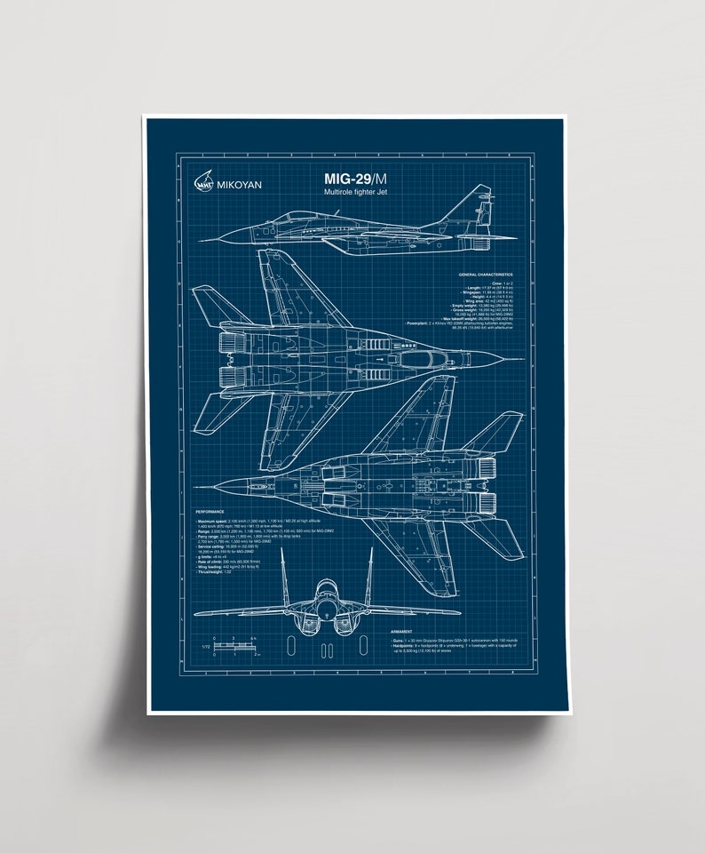 Mig-29 Fulcrum Fighter Jet, Mig-29, Blueprint Poster, Aviation Gift ...