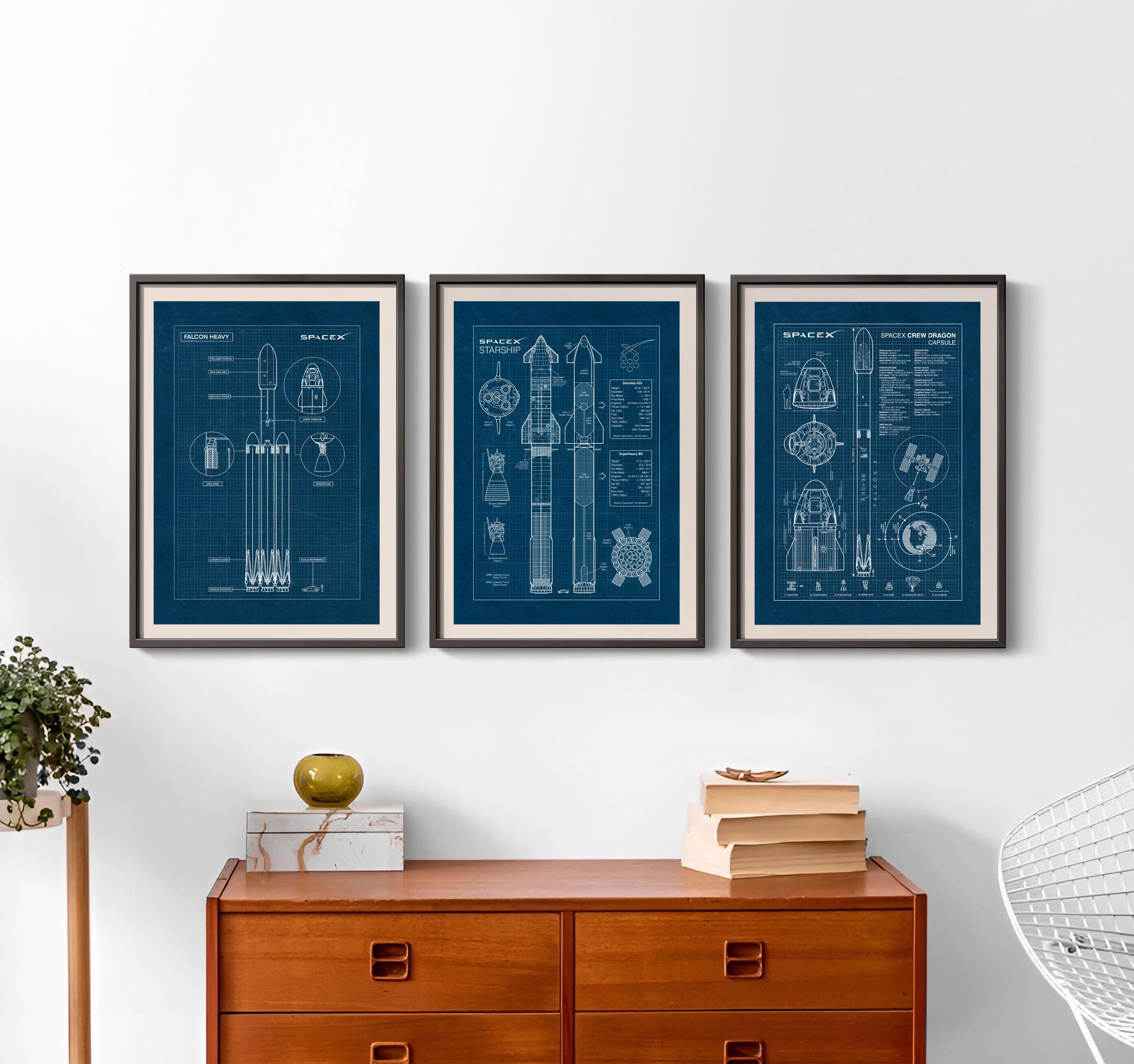 Spacex Blueprint Poster Set: Falcon Heavy, Starship, Crew Dragon ...