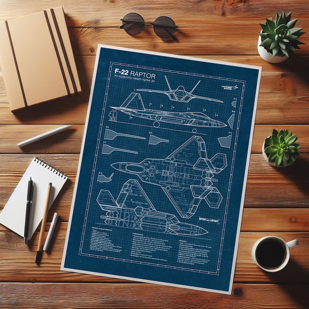 F-22 Raptor Blueprint Poster: Military Aircraft Art, Aviation Decor ...