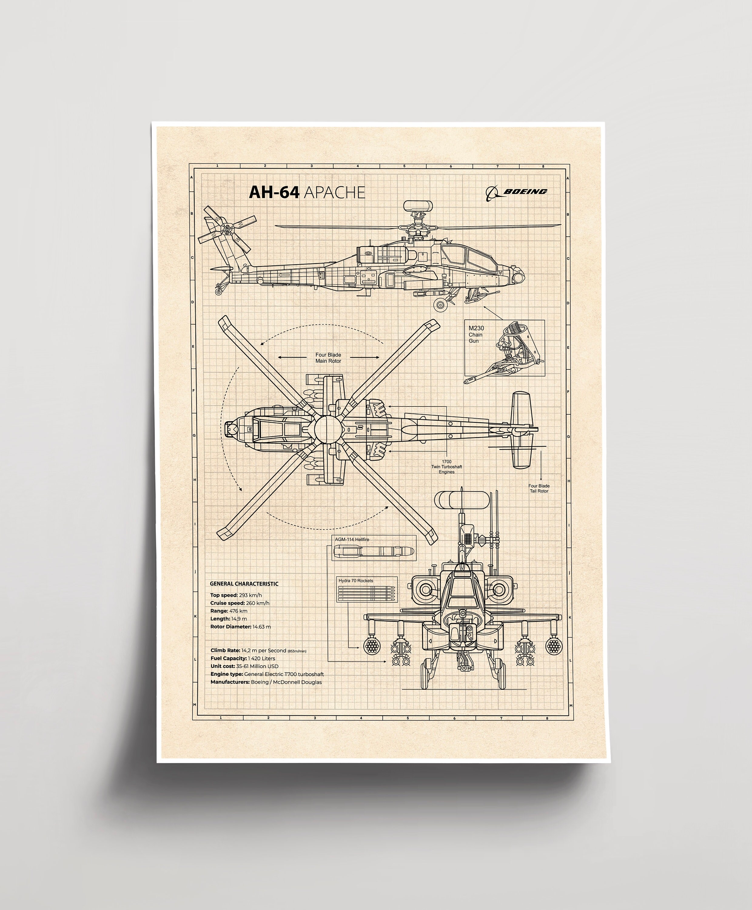 AH-64 Apache Helicopter Poster, Blueprint Poster, Helicopter Print ...