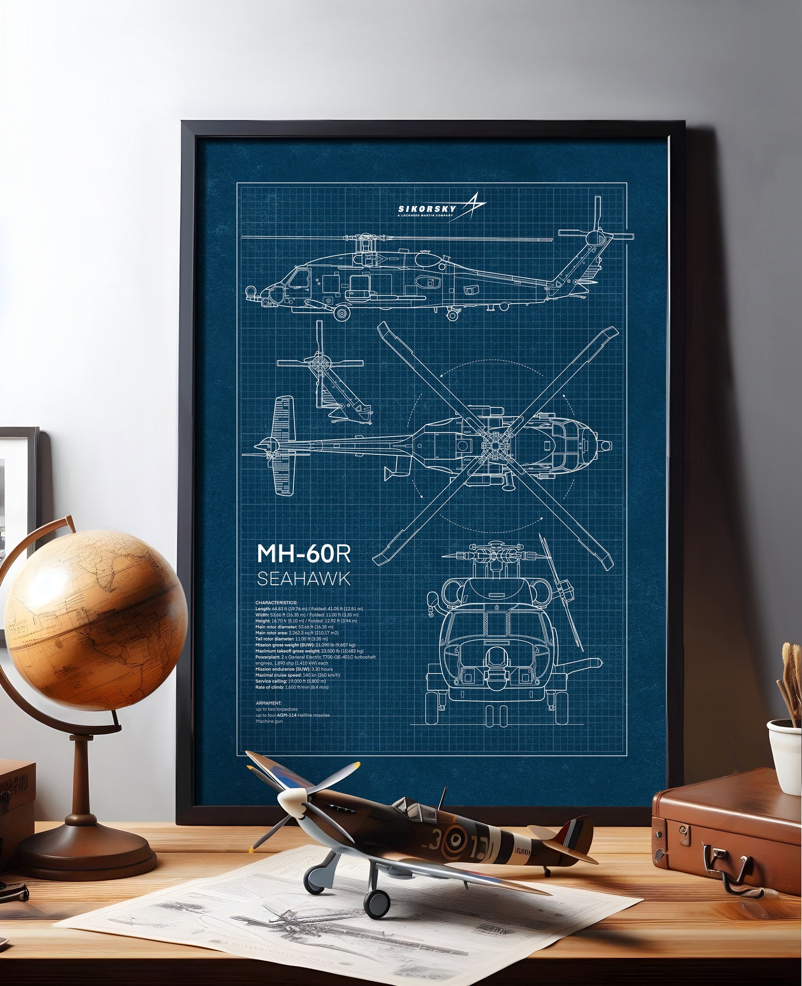 MH-60 Seahawk Helicopter, Blueprint Poster, Aviation Gift, Aviation ...