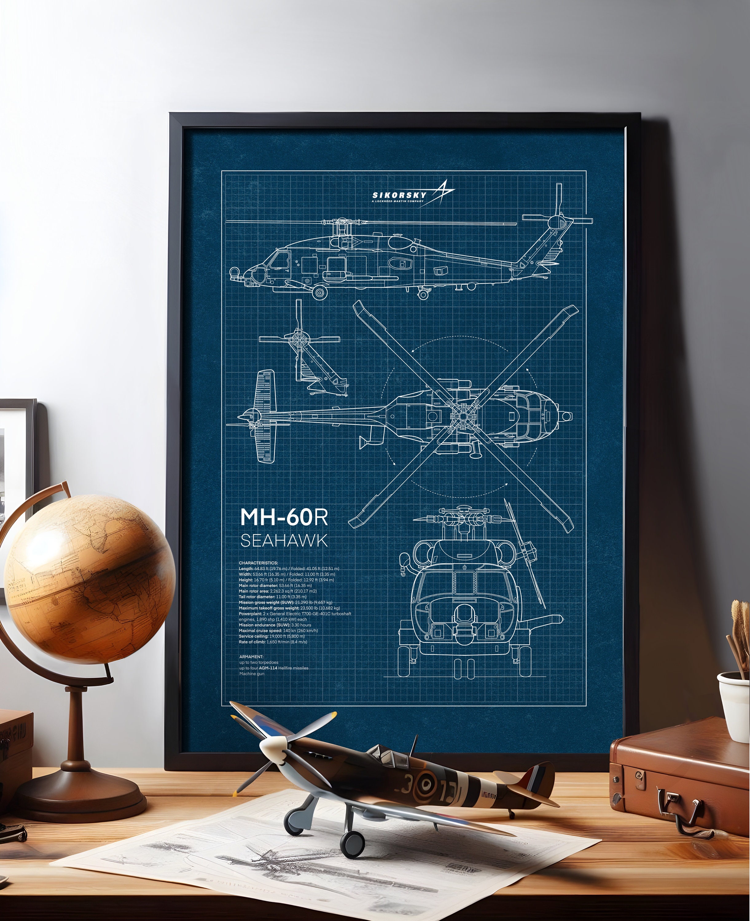 MH-60 Seahawk Helicopter, Blueprint Poster, Aviation Gift, Aviation ...