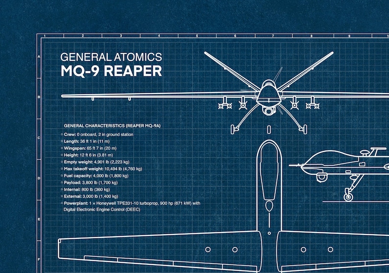 MQ-9 Reaper Blueprint Poster: Aviation Art Print, Military Decor ...