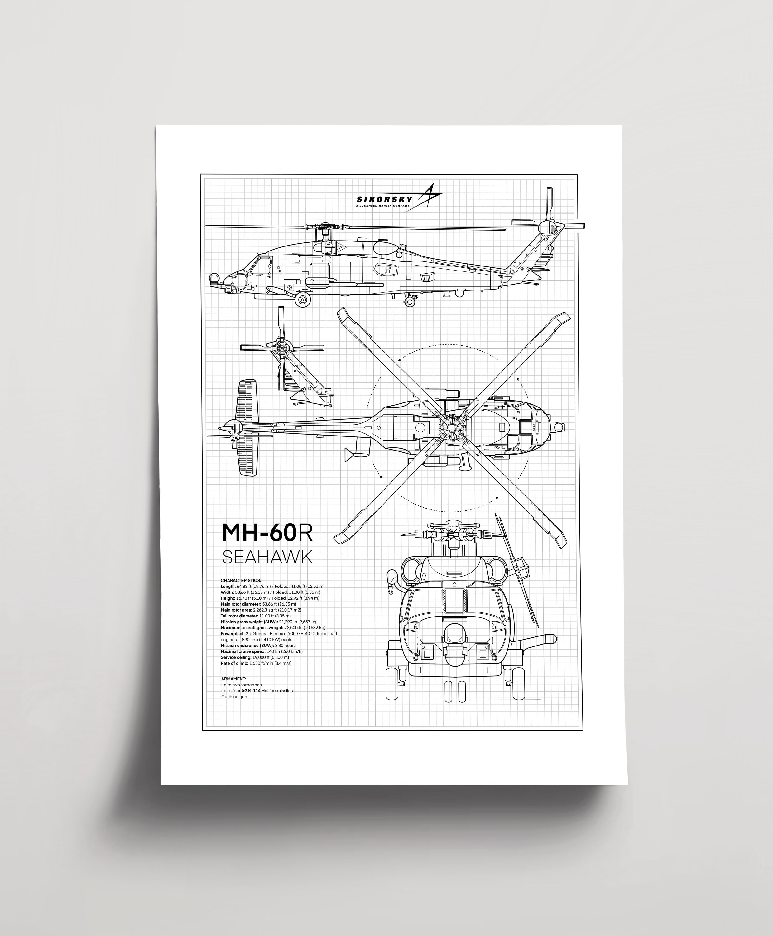 MH-60 Seahawk Helicopter, Blueprint Poster, Aviation Gift, Aviation ...