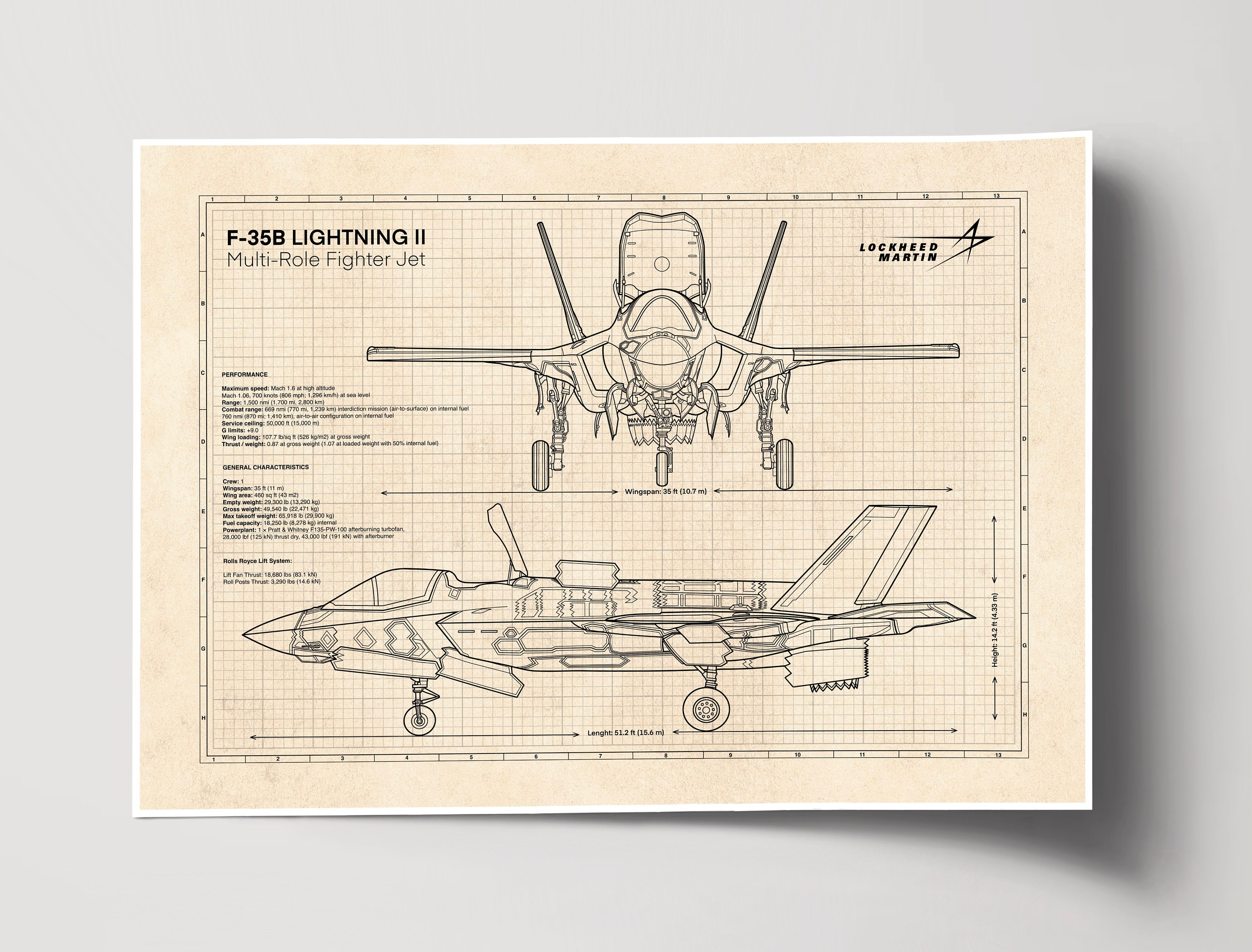 F-35 Lightning Fighter Poster, Blueprint Poster, F-35B Aircraft ...