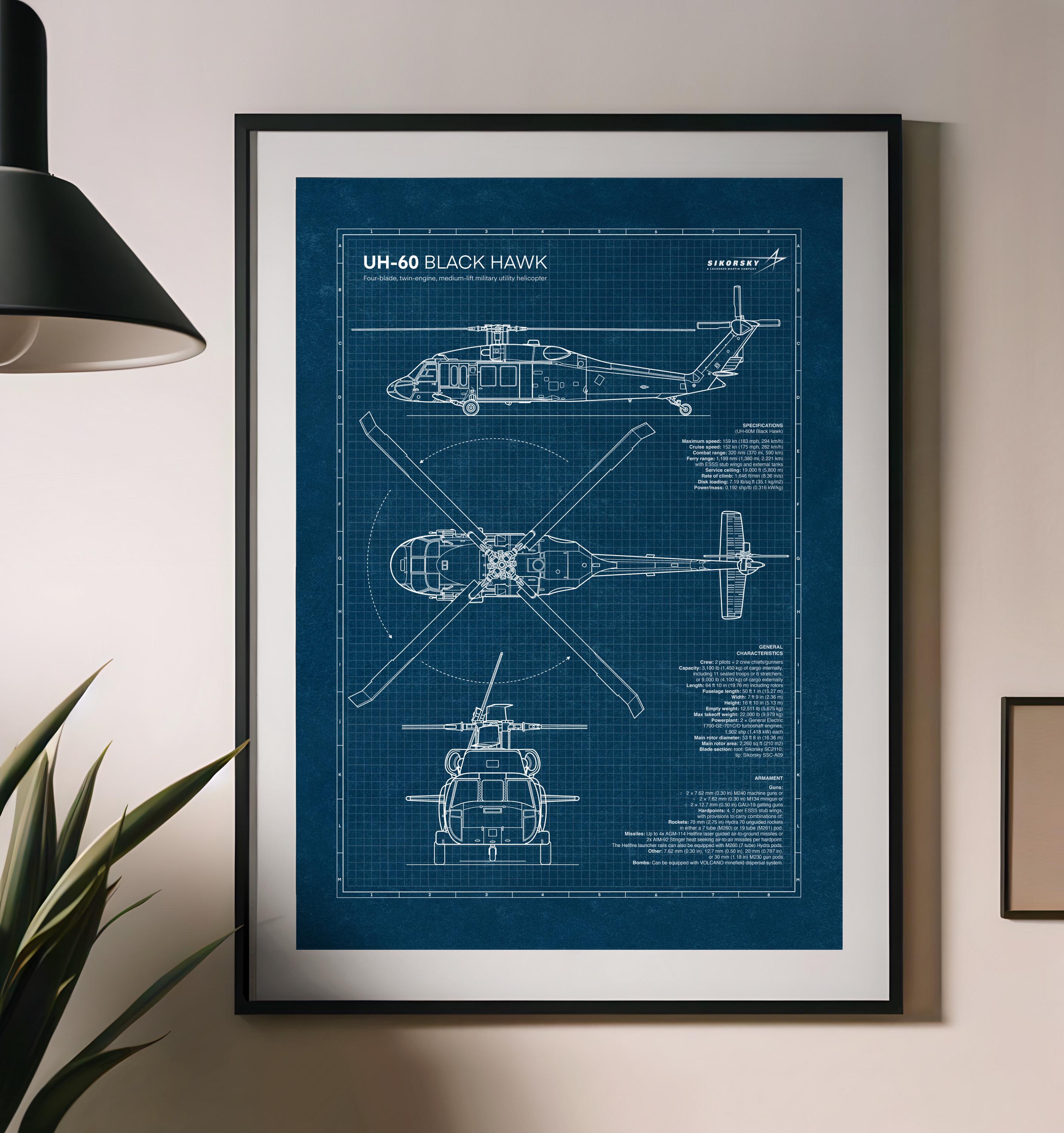 UH-60 Blackhawk Helicopter Blueprint Art: Military Aviation Poster ...