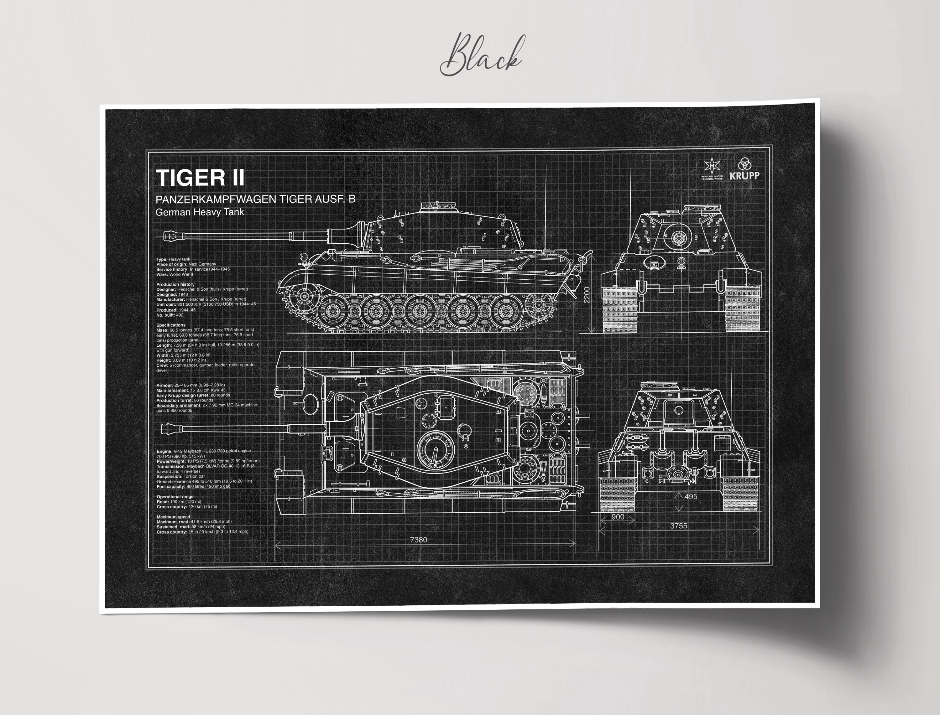 King Tiger Tank Blueprint Poster, WWII German Tank Wall Art, Tiger-2 ...