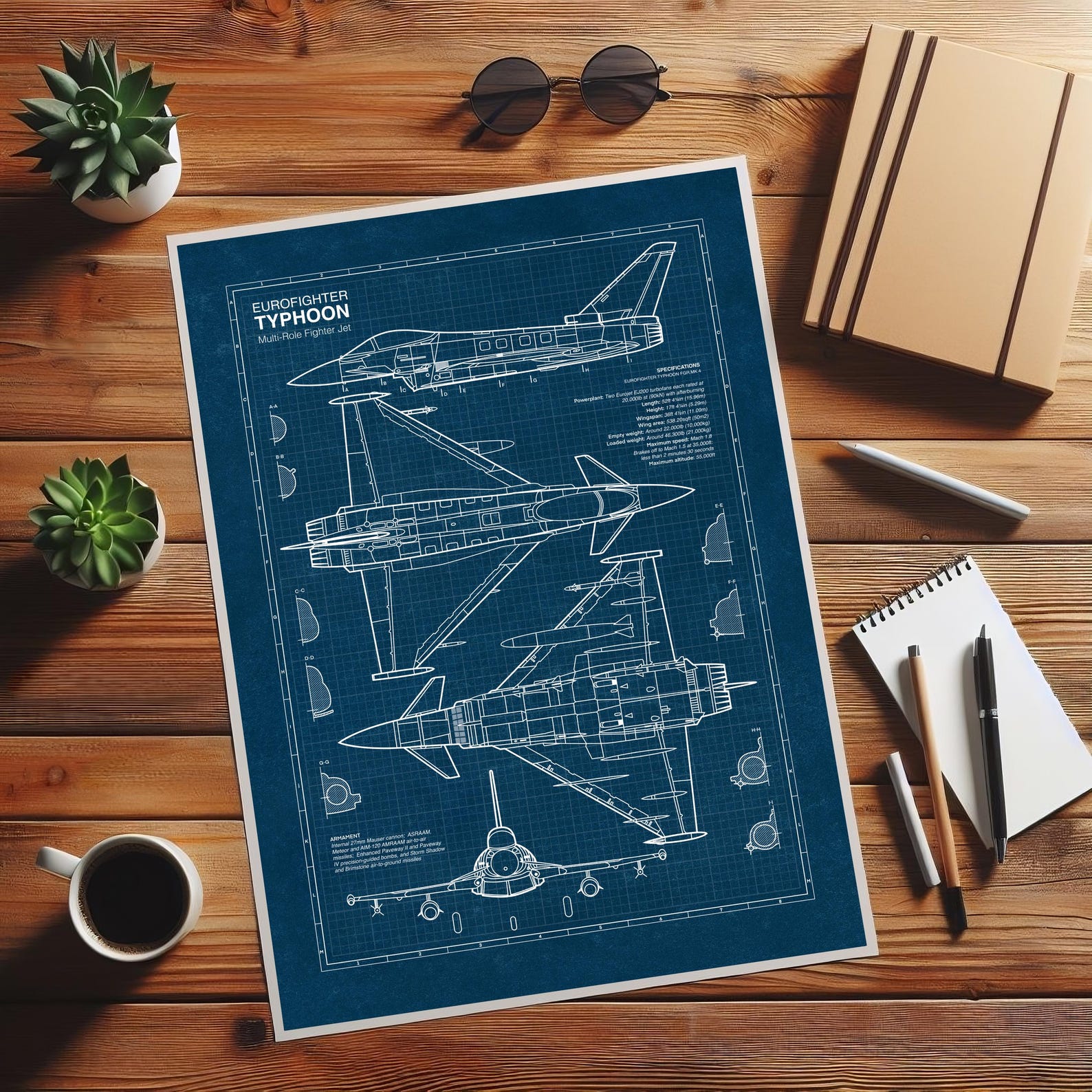 Eurofighter Typhoon Blueprint Poster: Military Aviation Art (instant ...