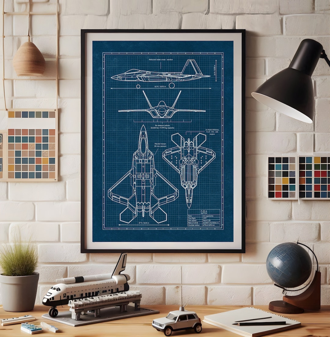 F-22 Raptor Blueprint Poster: Military Aviation Wall Art, Aircraft ...