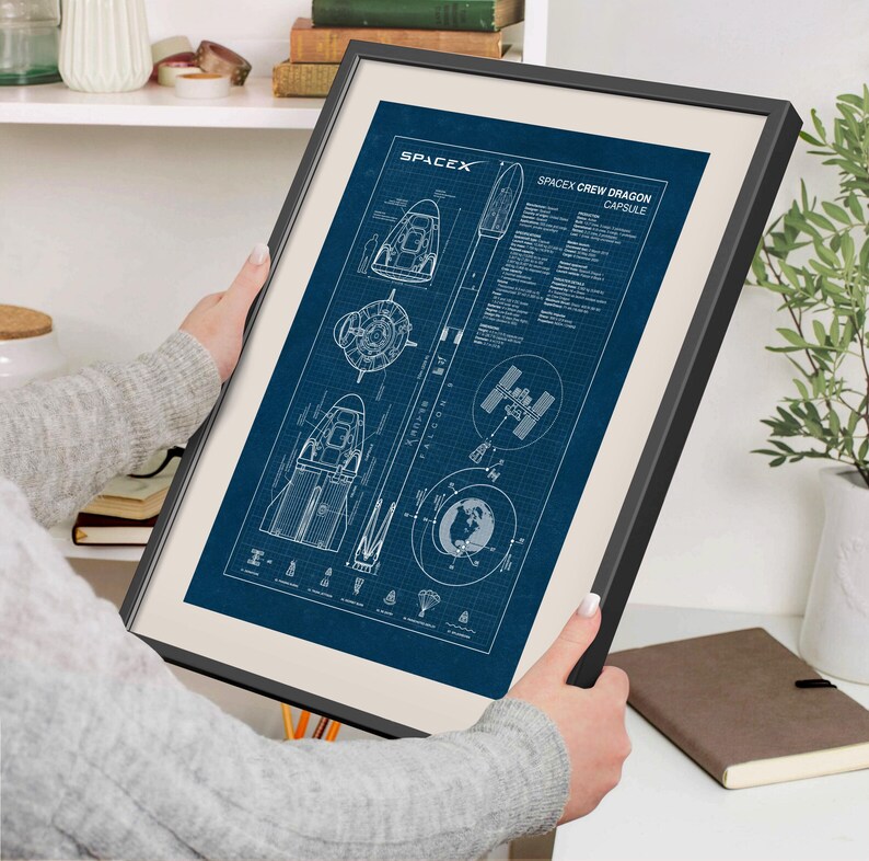 Spacex Crew Dragon Blueprint Poster, Space Theme Wall Art, Aerospace ...