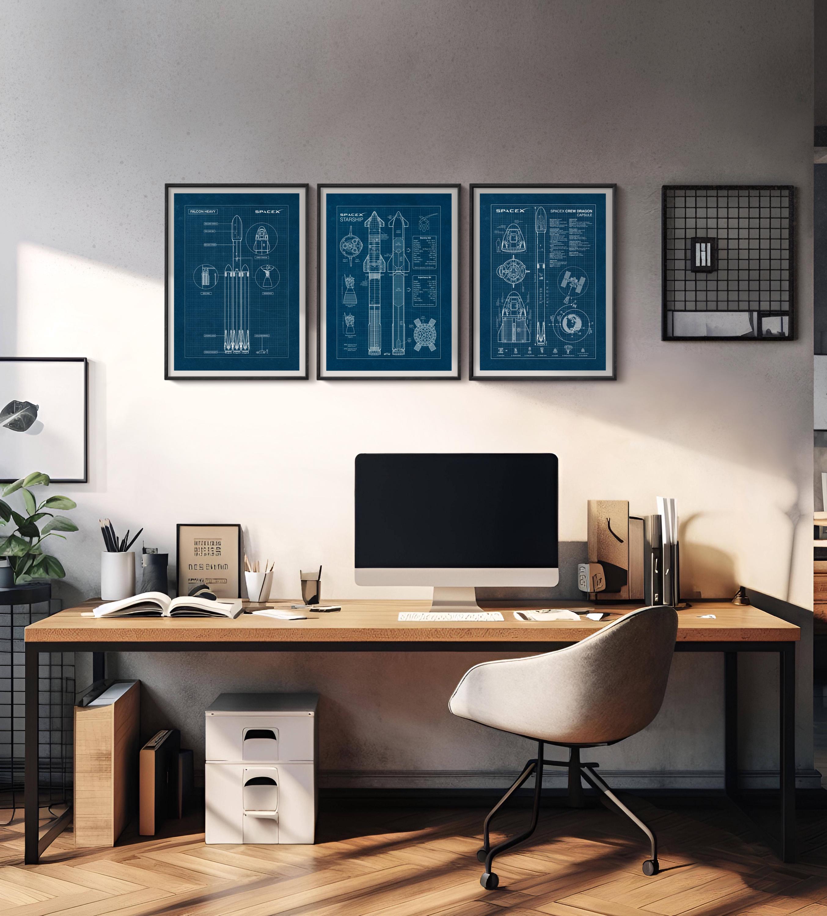 Spacex Blueprint Poster Set: Falcon Heavy, Starship, Crew Dragon ...