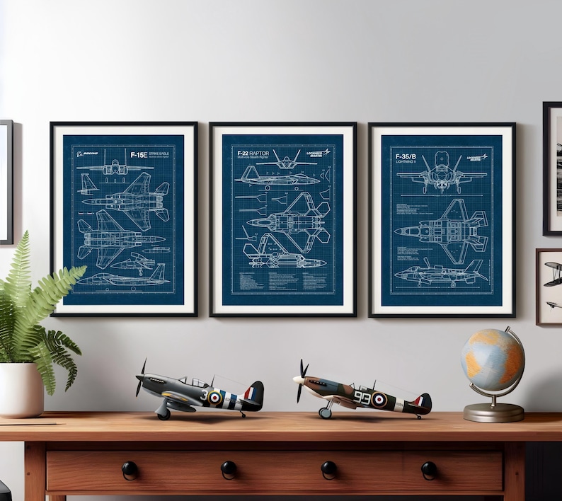 F-15, F-22, F-35 Blueprint Poster Set: Aviation Wall Art, Aircraft ...