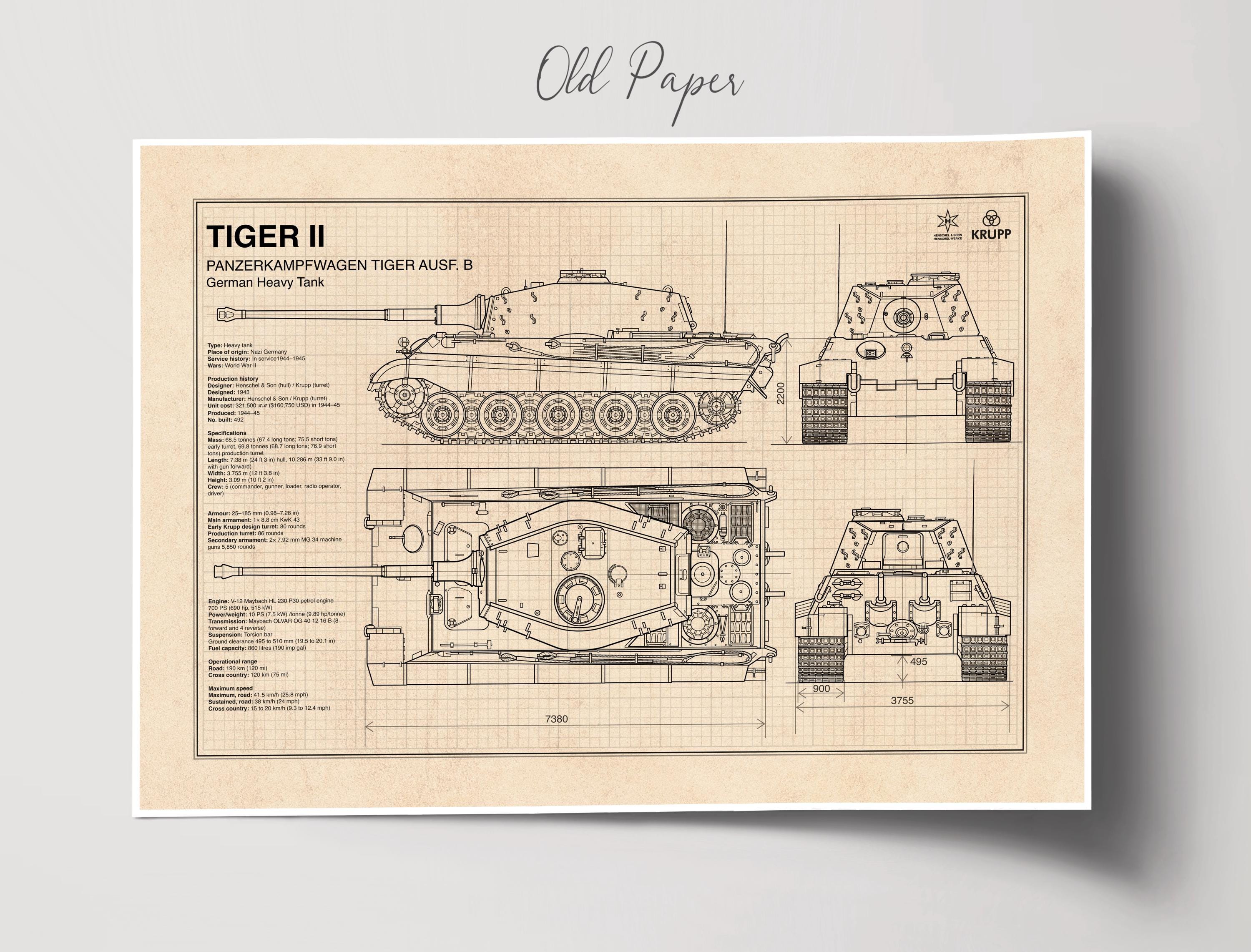 King Tiger Tank Blueprint Poster, WWII German Tank Wall Art, Tiger-2 ...