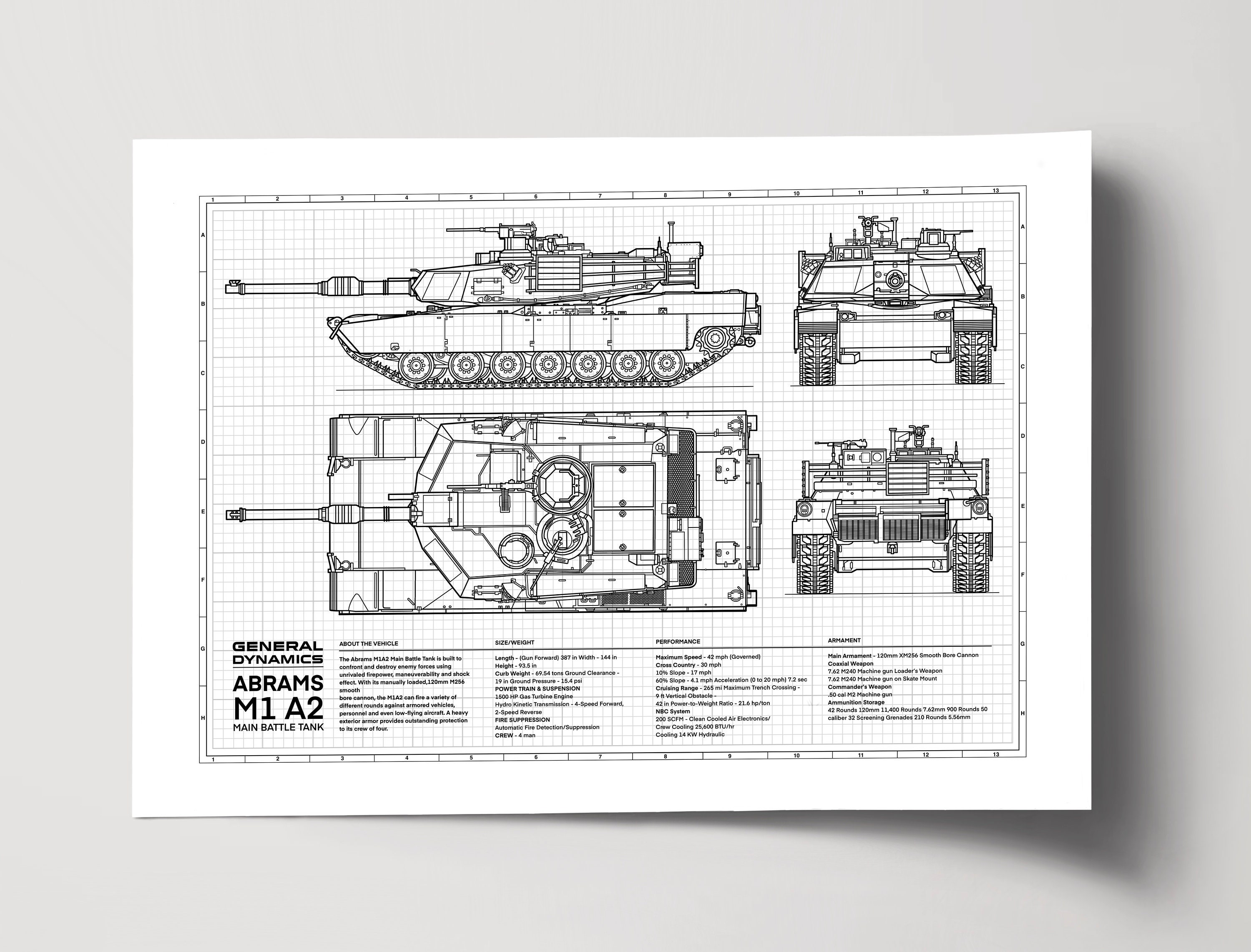 Abrams M1A2 Main Battle Tank, Blueprint Poster, Tank Blueprint ...