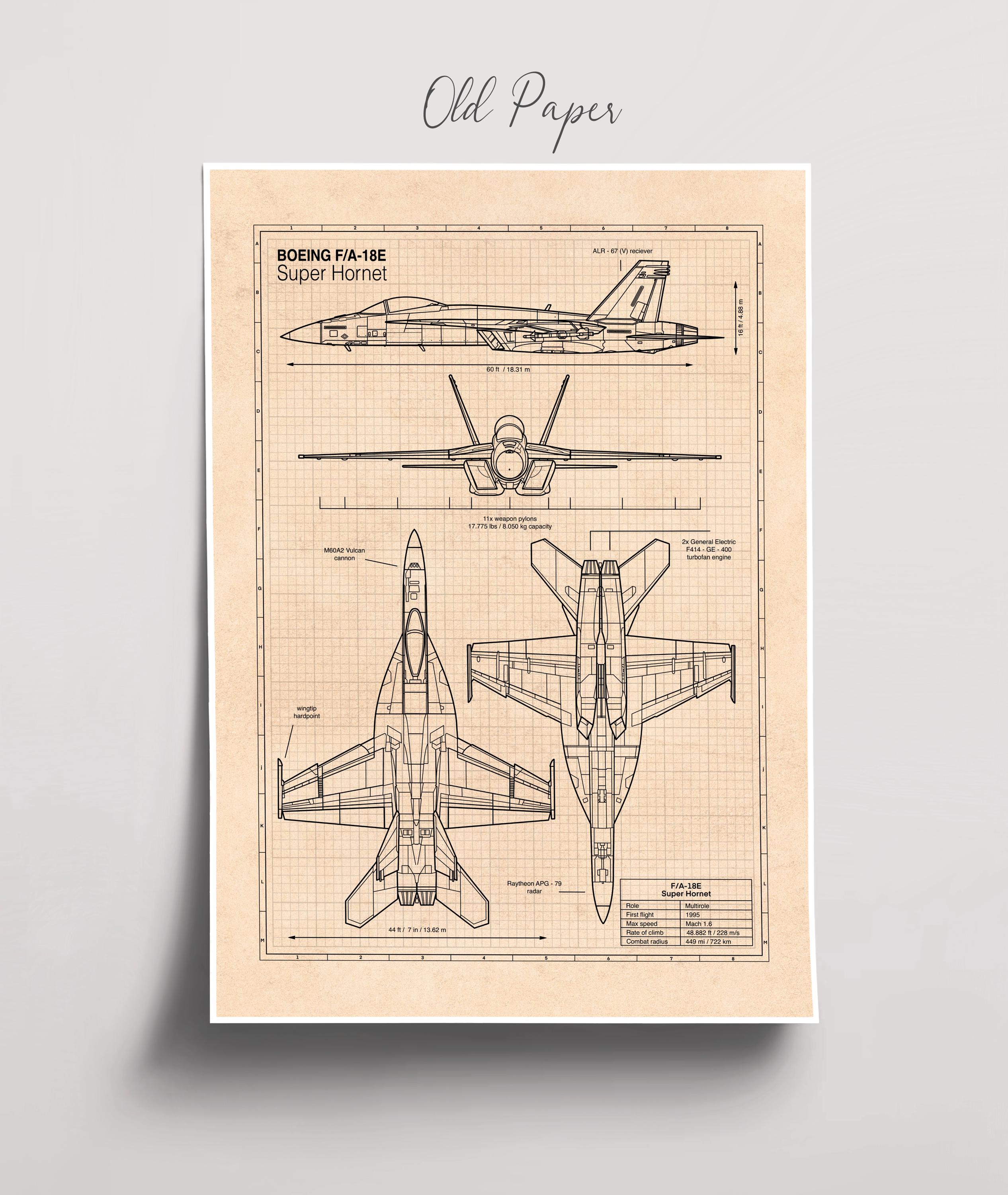 F/A-18E Super Hornet Blueprint Poster: Aviation Wall Art (instant ...
