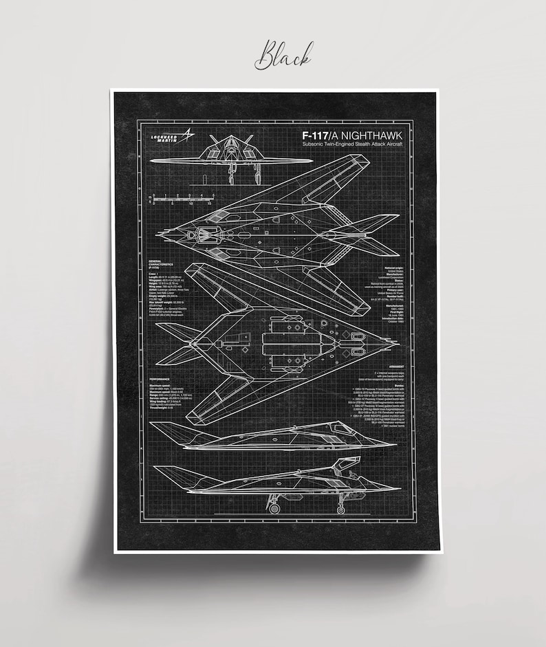 F-117 Nighthawk Blueprint Poster: Stealth Jet Aviation Wall Art ...