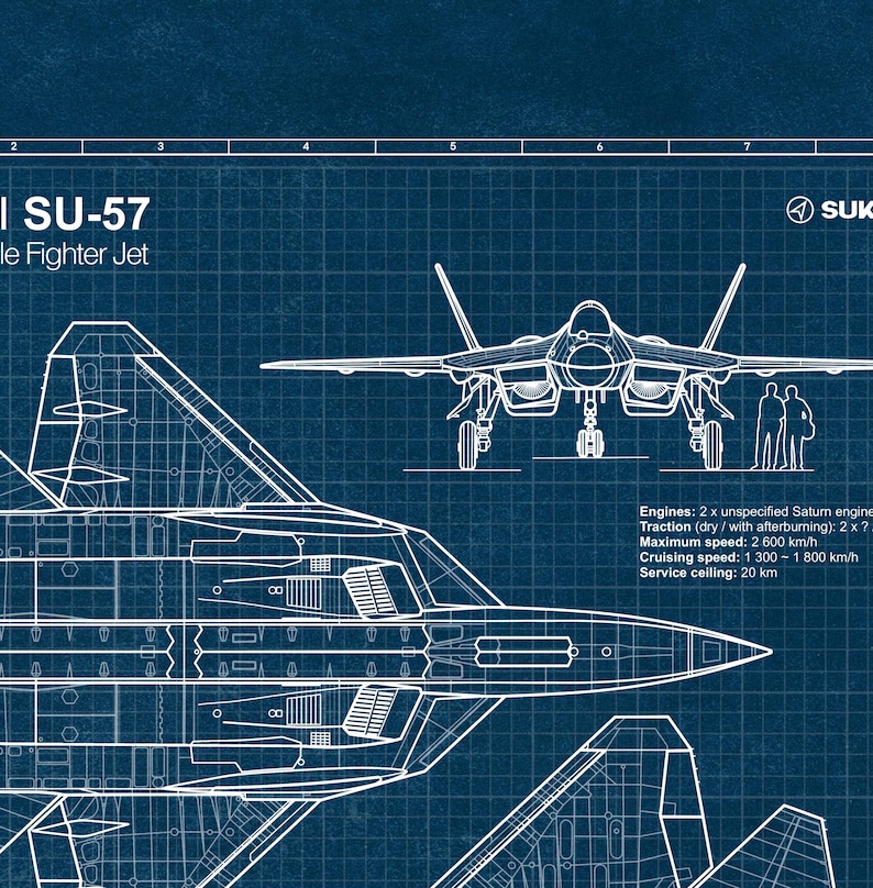 Sukhoi Su-57 Blueprint Poster, Russian Stealth Fighter (digital ...