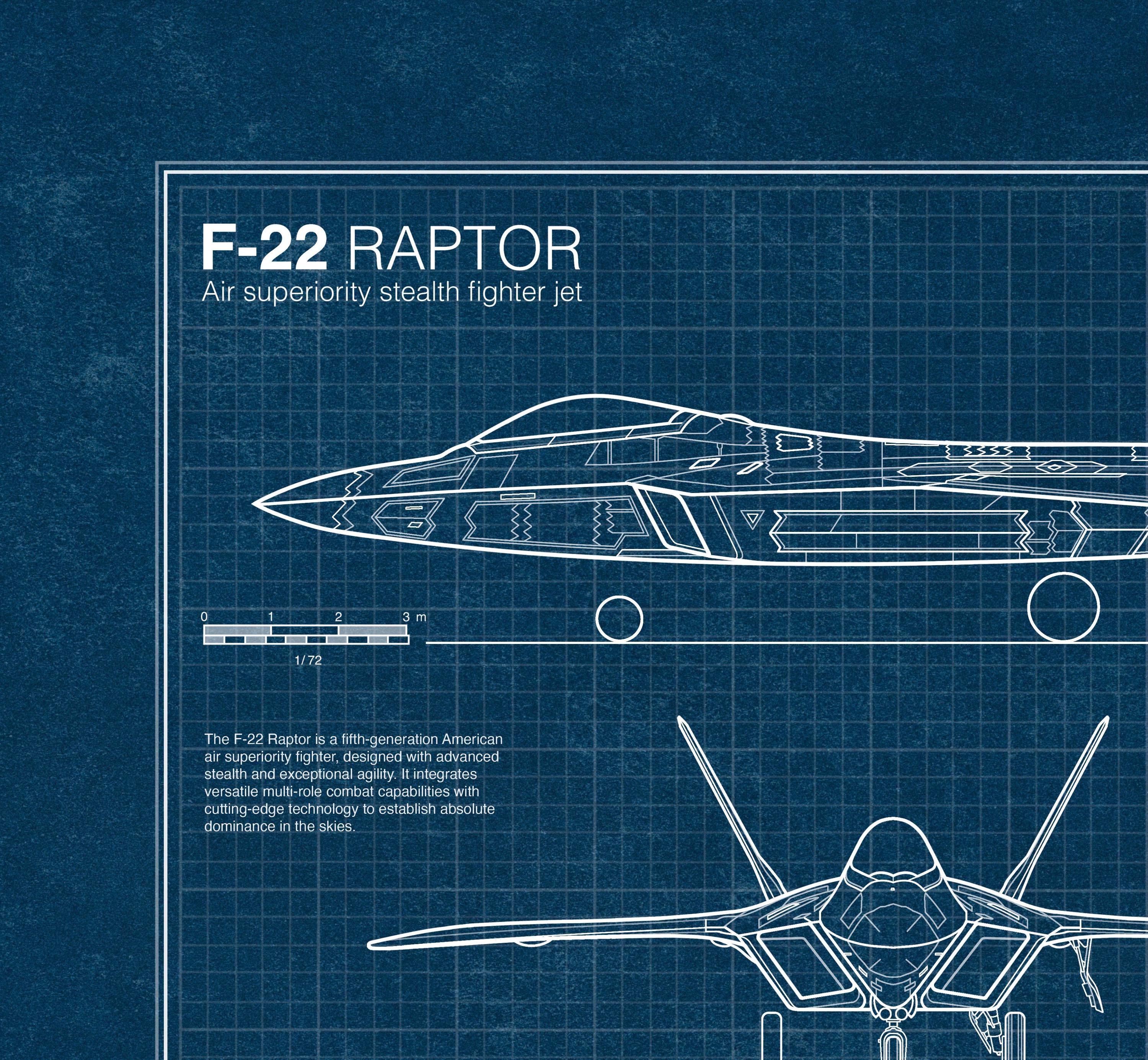 F-22 Raptor Blueprint Poster: Military Aviation Wall Art, Aircraft ...