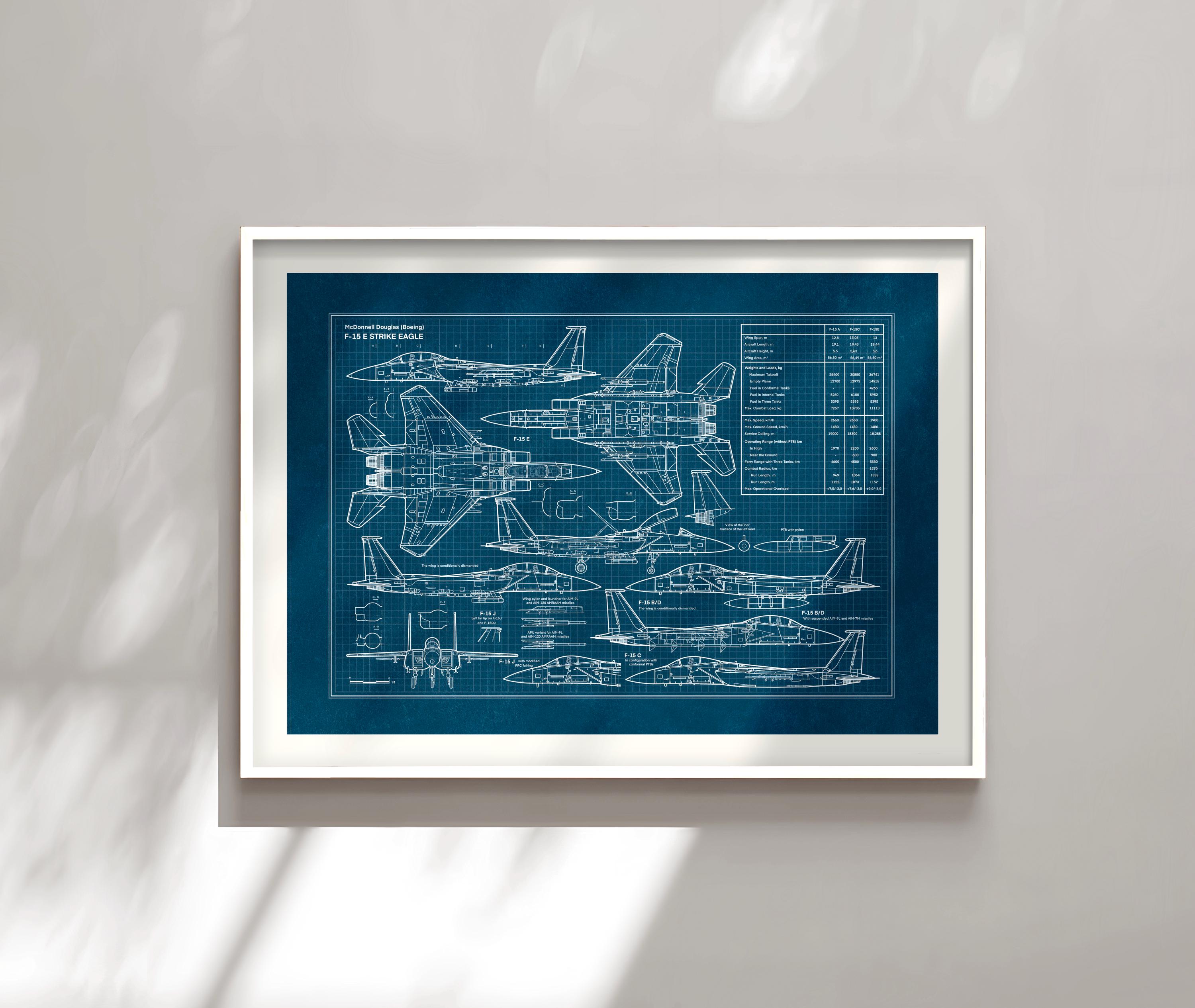 F-15E Strike Eagle Blueprint Poster: Aviation Wall Art, Military Decor ...