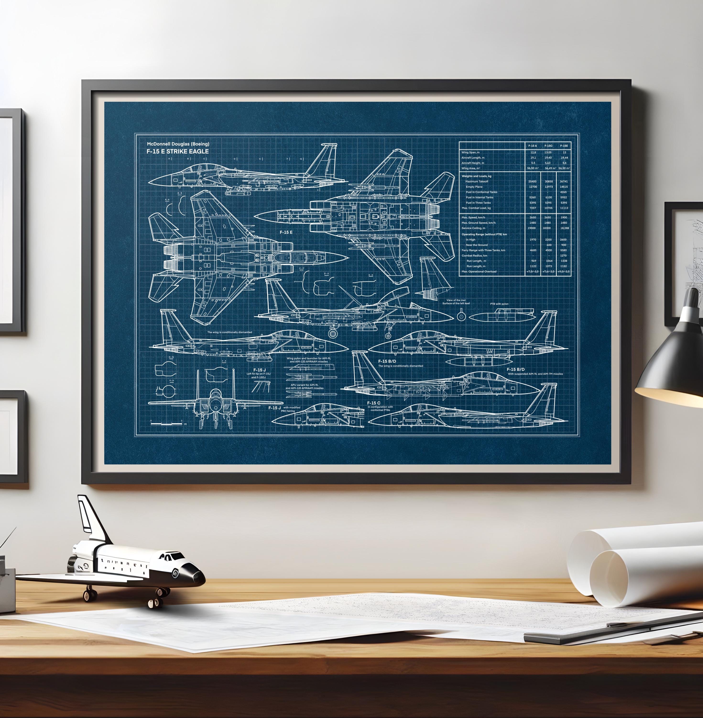 F-15E Strike Eagle Blueprint Poster: Aviation Wall Art, Military Decor ...