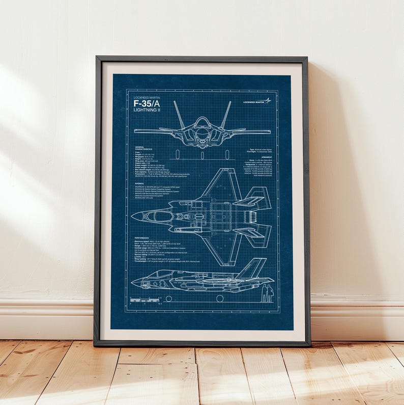 F-35/A Lightning II Blueprint Poster, Aviation Wall Art, Military Decor ...