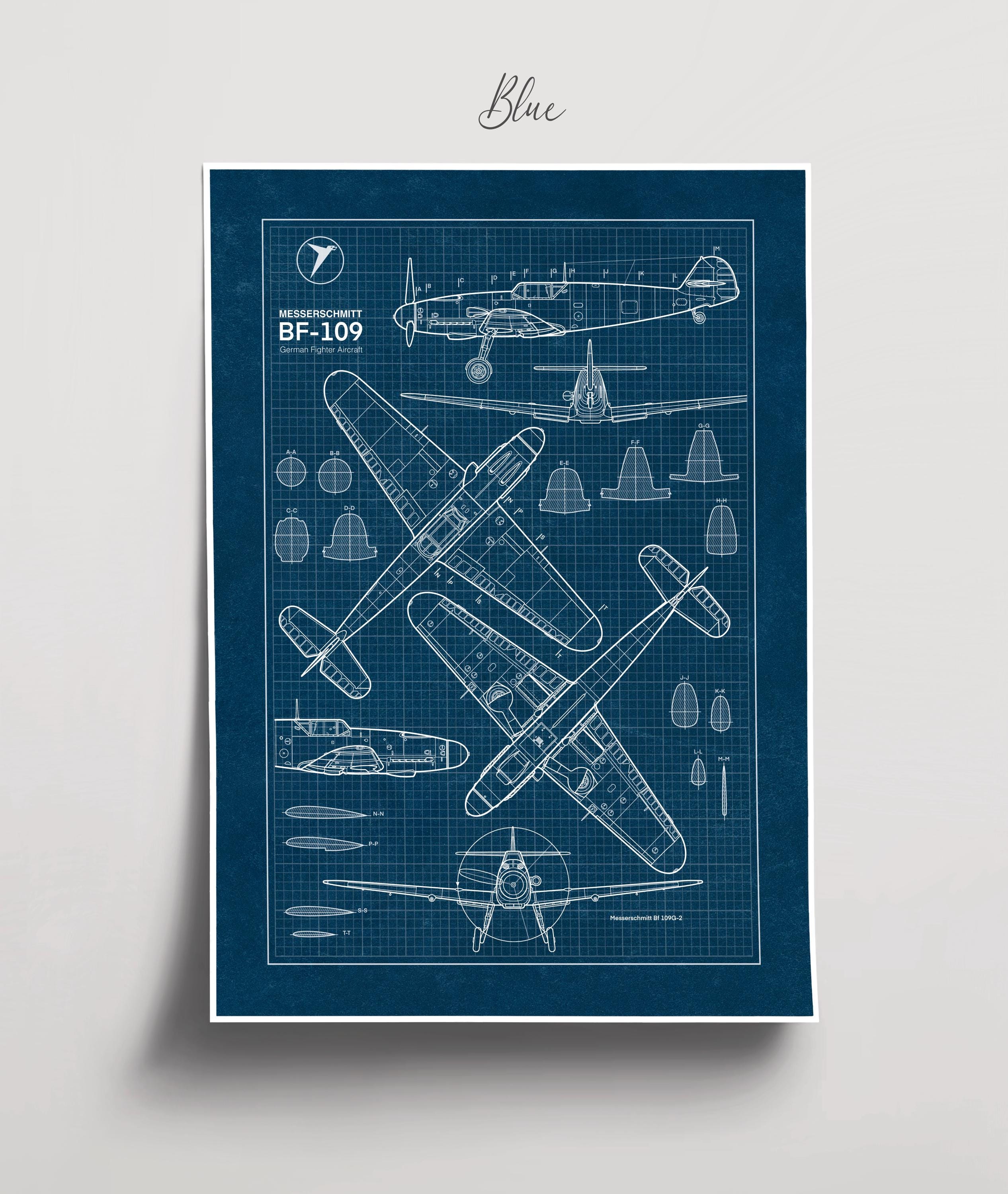 Messerschmitt BF-109 Blueprint Poster, WW2 German Aircraft ...