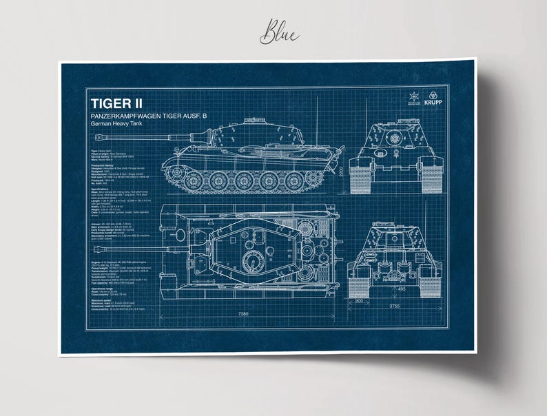 King Tiger Tank Blueprint Poster, WWII German Tank Wall Art, Tiger-2 ...