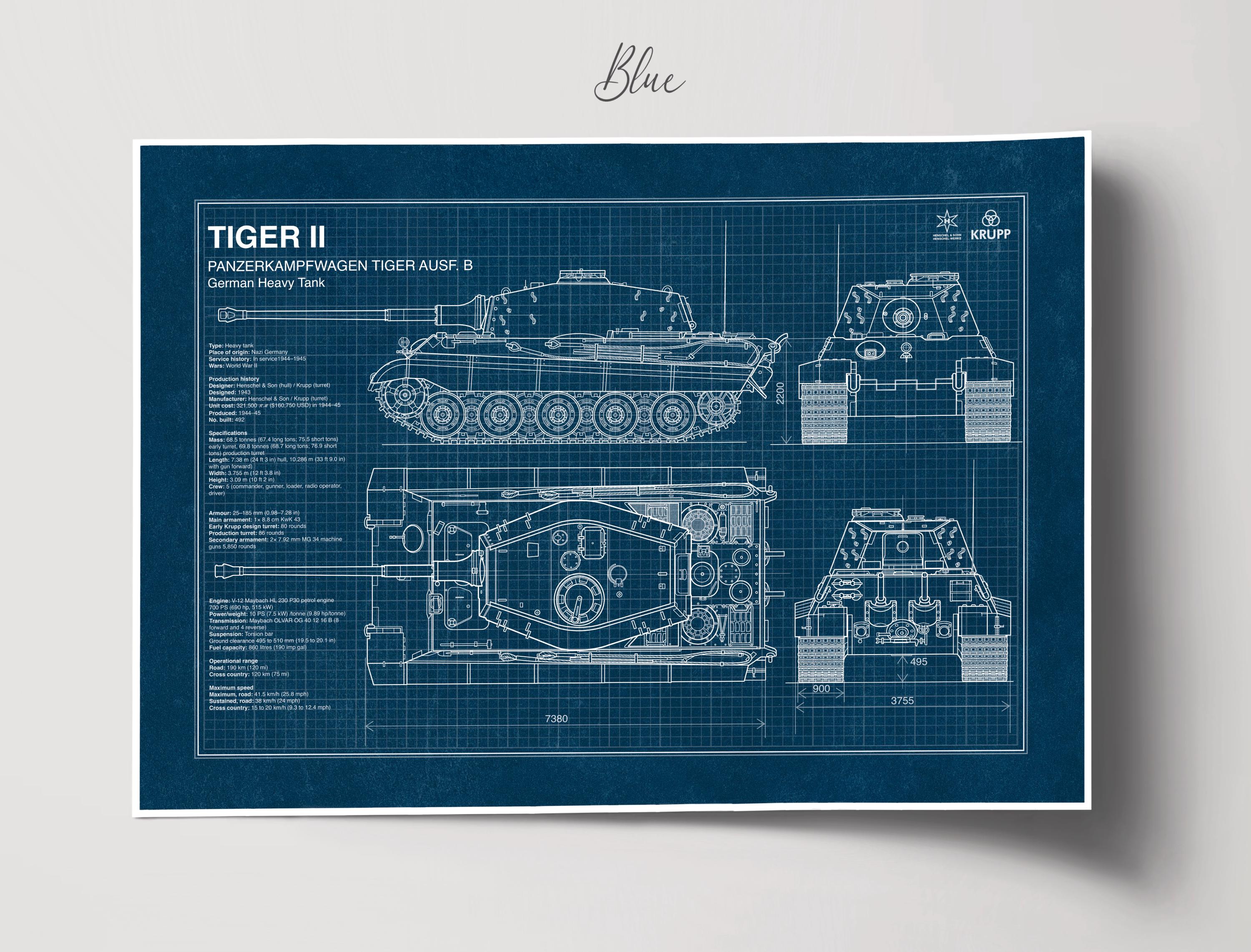 King Tiger Tank Blueprint Poster, WWII German Tank Wall Art, Tiger-2 ...