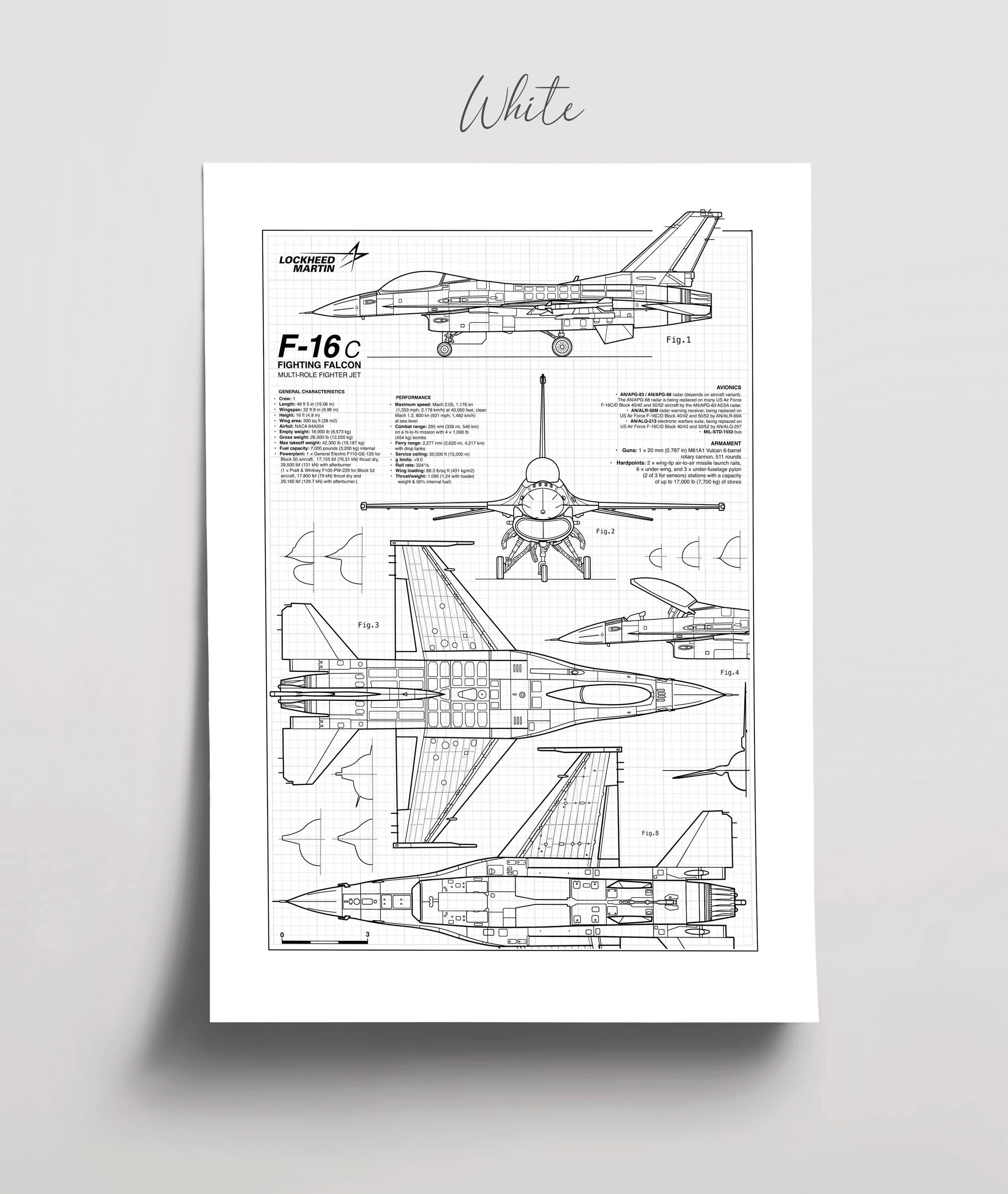 F-16 Fighting Falcon Blueprint Poster: Military Aviation Wall Art ...