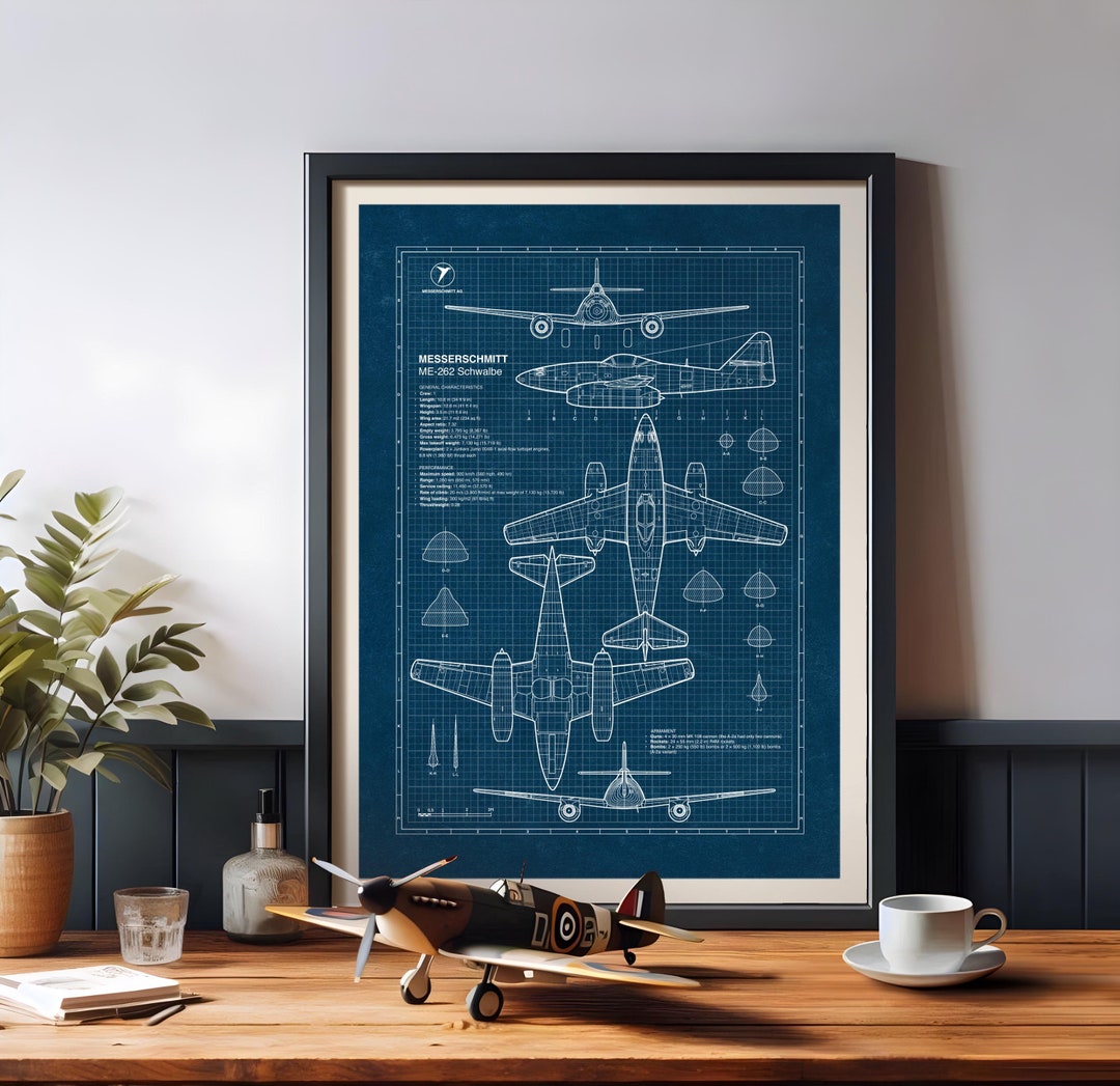 Messerschmitt Me 262 Blueprint Poster, WW2 German Aircraft, Aviation ...