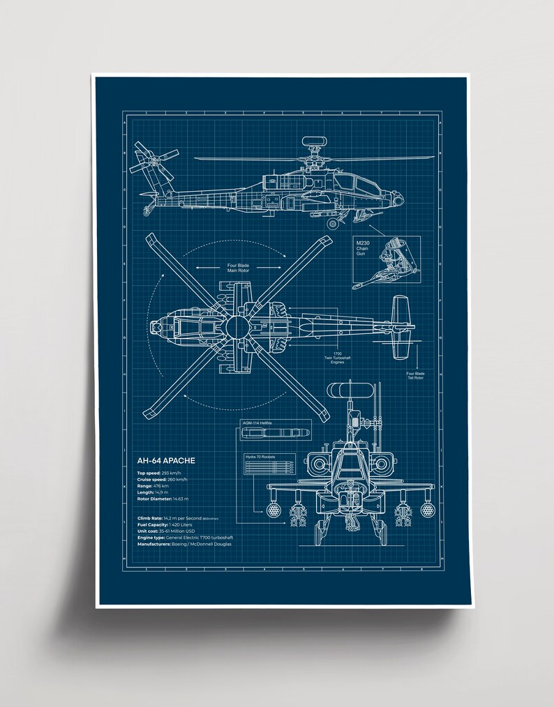 AH-64 Apache Helicopter Poster, Blueprint Poster, Helicopter Print ...
