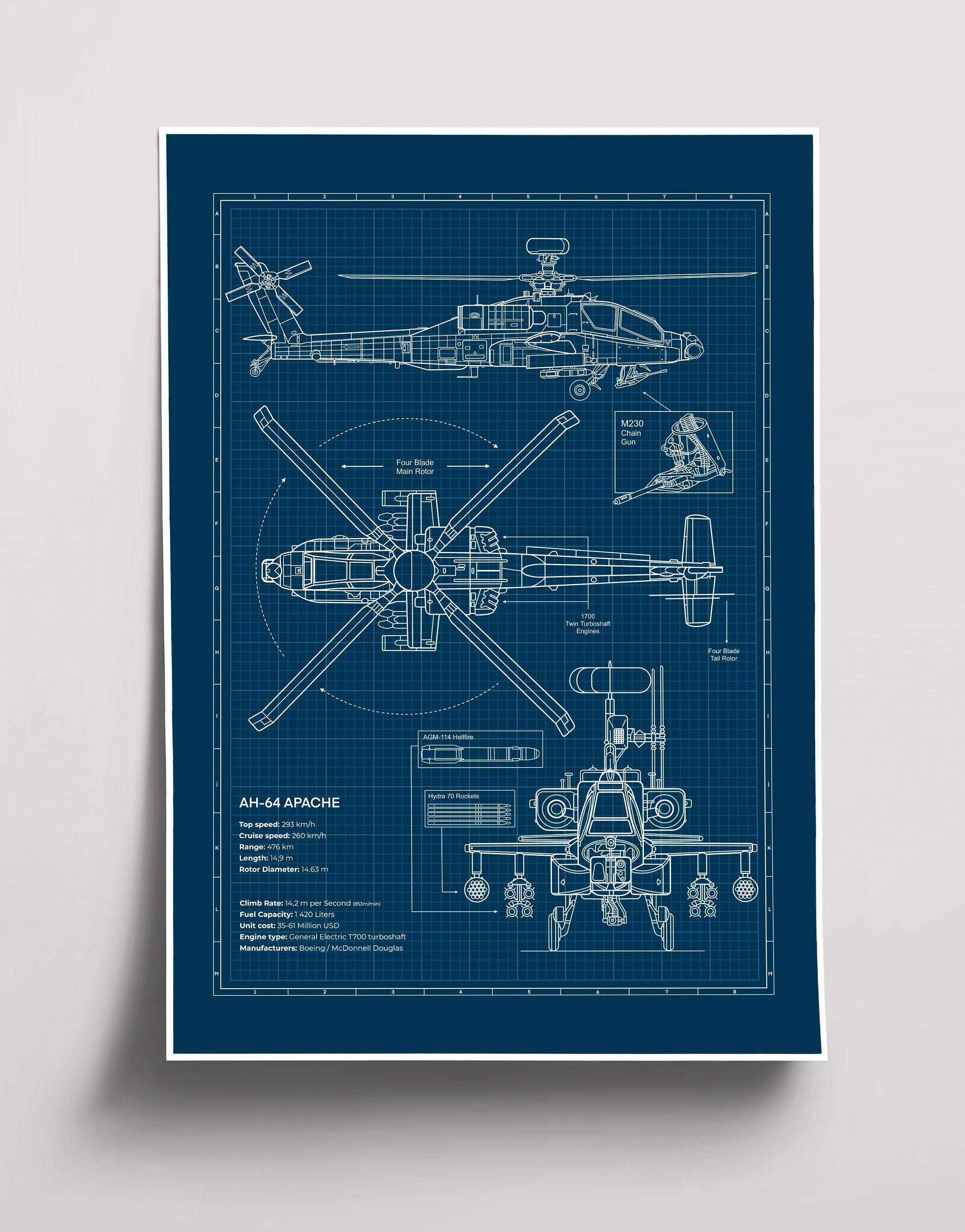 AH-64 Apache Helicopter Poster, Blueprint Poster, Helicopter Print ...