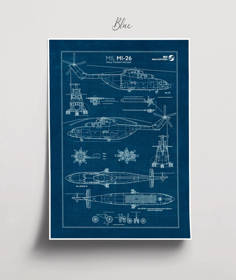 Mil Mi-26 Helicopter Blueprint Poster, Soviet Aviation, Military ...