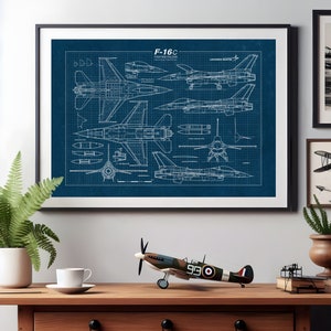 F-16 Fighting Falcon Blueprint Poster: Aviation Decor, Aircraft Wall ...