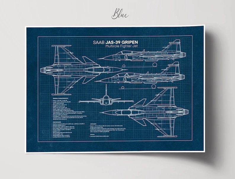 Saab JAS-39 Gripen Blueprint Poster, Military Aviation Art, Aviation ...