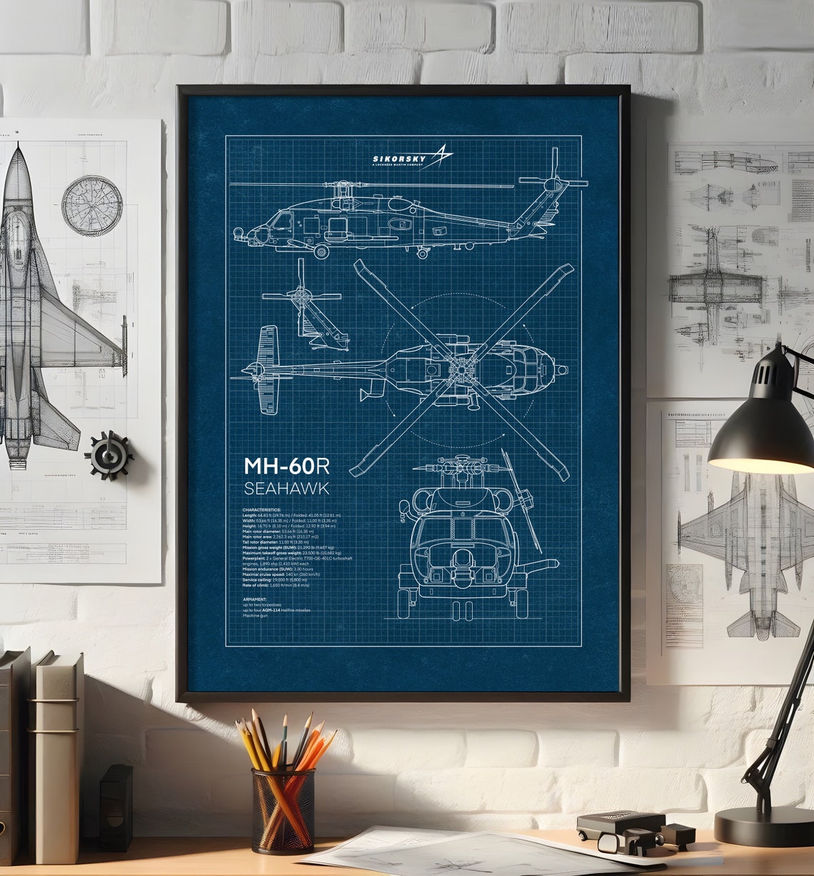 MH-60 Seahawk Helicopter, Blueprint Poster, Aviation Gift, Aviation ...
