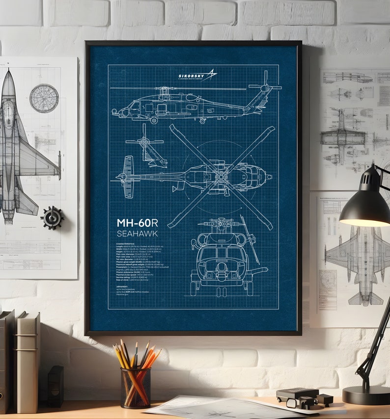 MH-60 Seahawk Helicopter, Blueprint Poster, Aviation Gift, Aviation ...