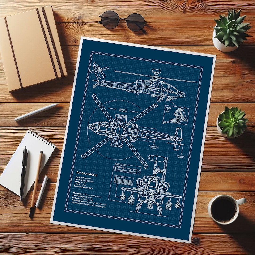 AH-64 Apache Helicopter Poster, Blueprint Poster, Helicopter Print ...