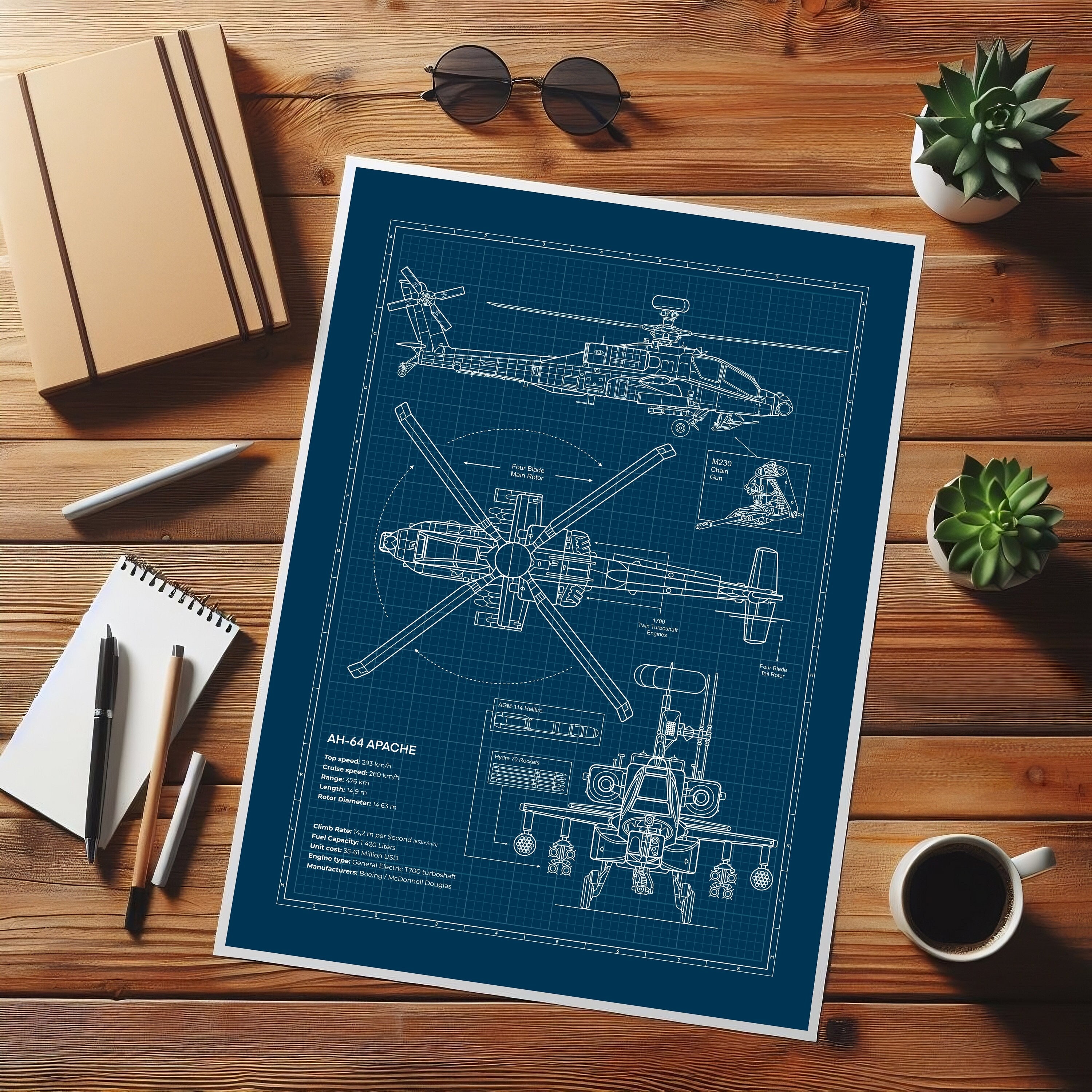 AH-64 Apache Helicopter Poster, Blueprint Poster, Helicopter Print ...