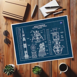 Apollo 11 Blueprint Poster: Saturn V Rocket, NASA Wall Art, Lunar ...
