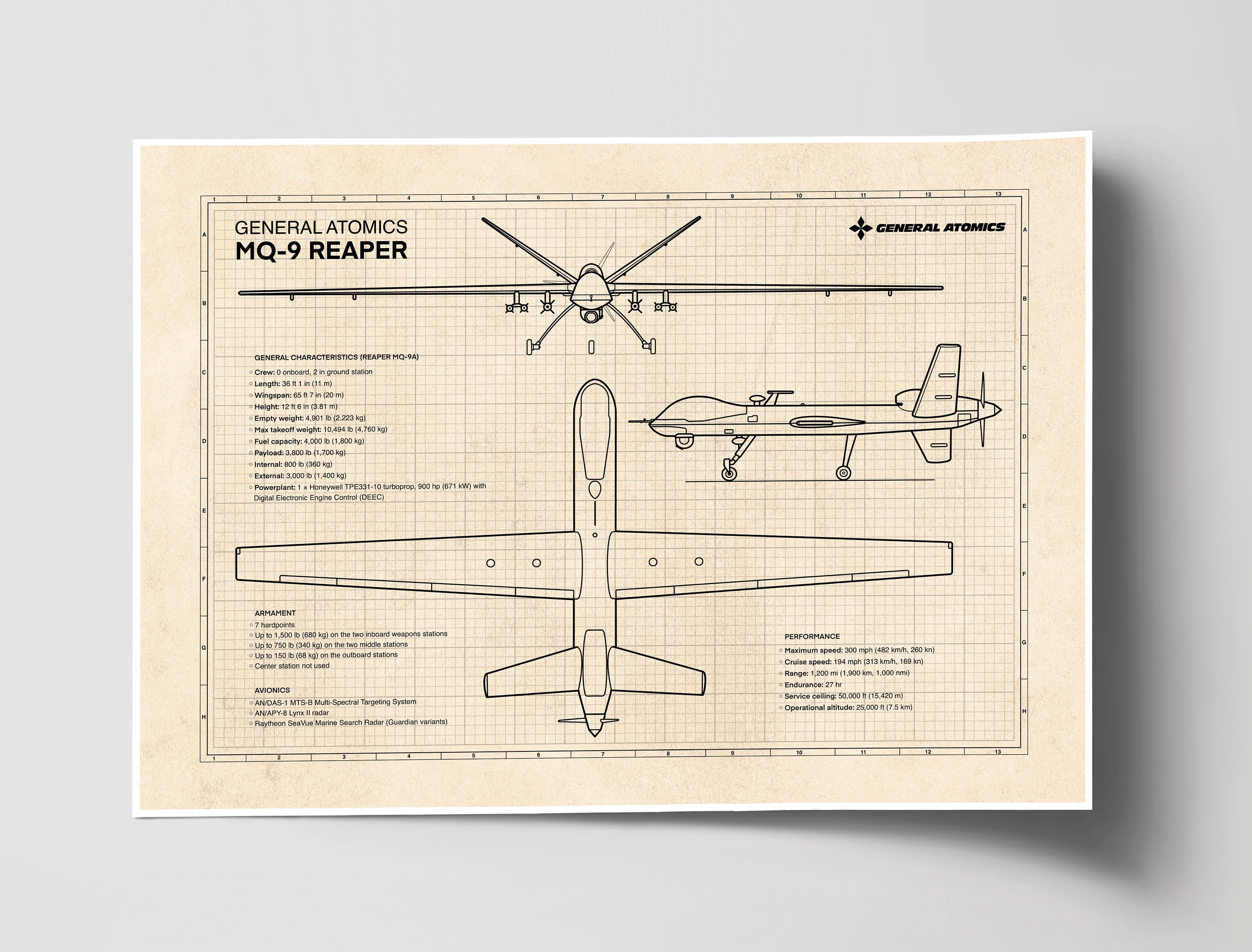 MQ-9 Reaper Print, Unmanned Aerial Vehicle, Blueprint Poster, Aviation ...
