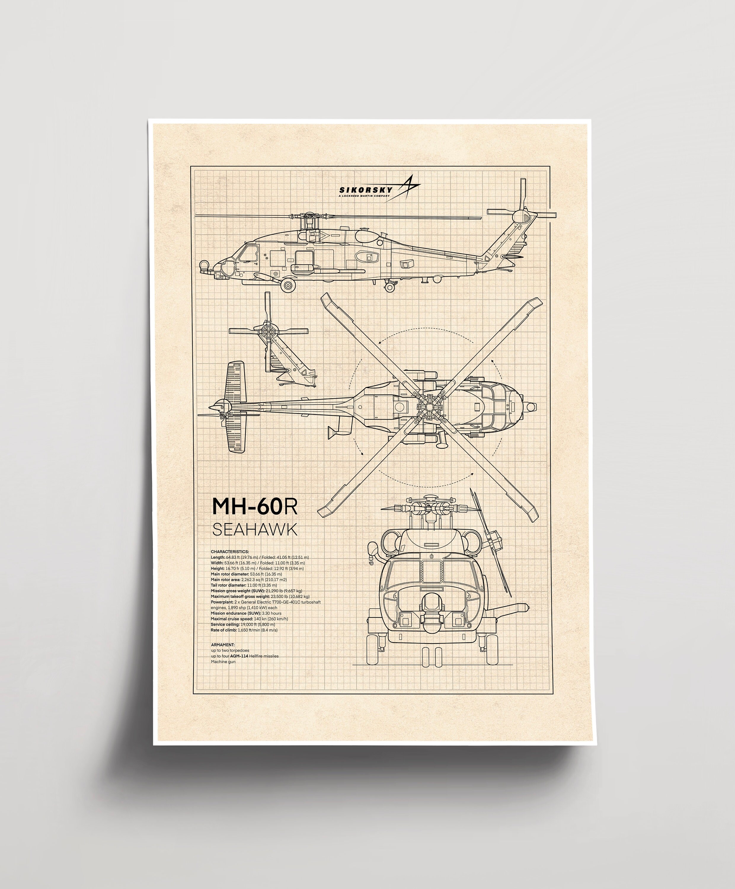MH-60 Seahawk Helicopter, Blueprint Poster, Aviation Gift, Aviation ...