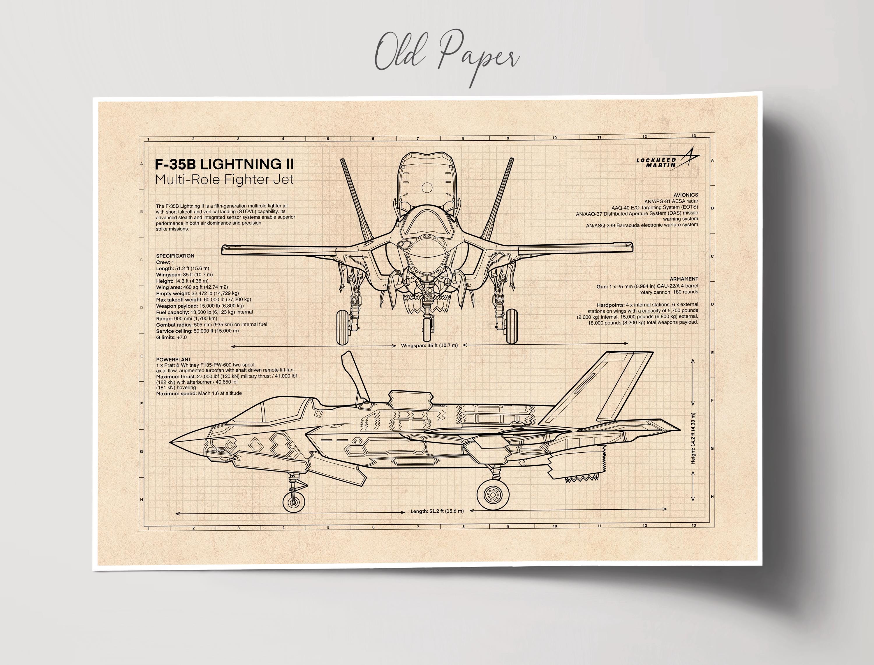 F-35B Lightning II Blueprint Poster: Stealth Fighter Jet Aviation Wall ...