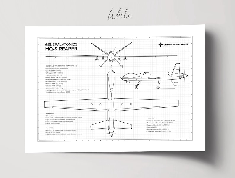 MQ-9 Reaper Blueprint Poster: Aviation Art Print, Military Decor ...