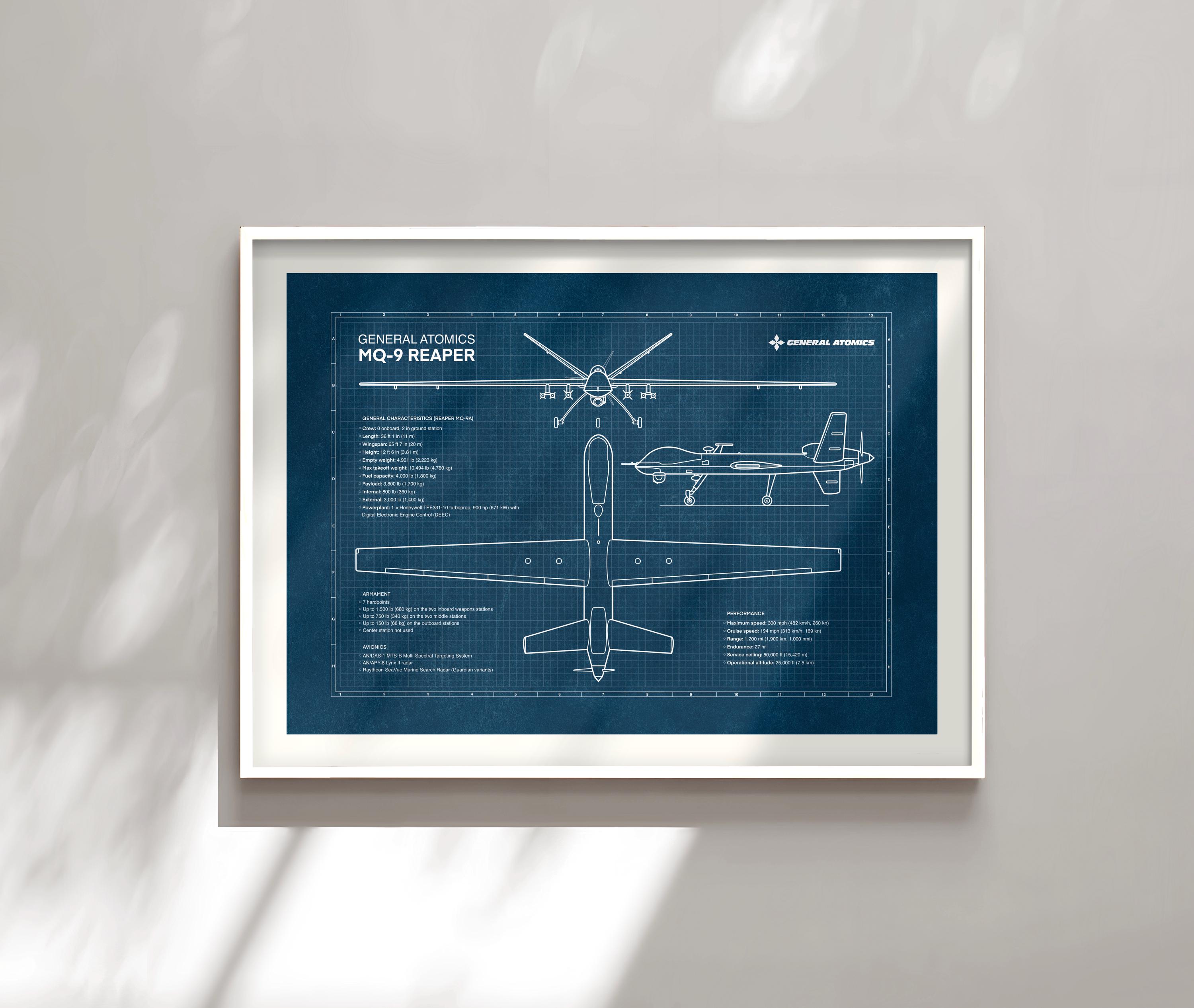 MQ-9 Reaper Blueprint Poster: Aviation Art Print, Military Decor ...