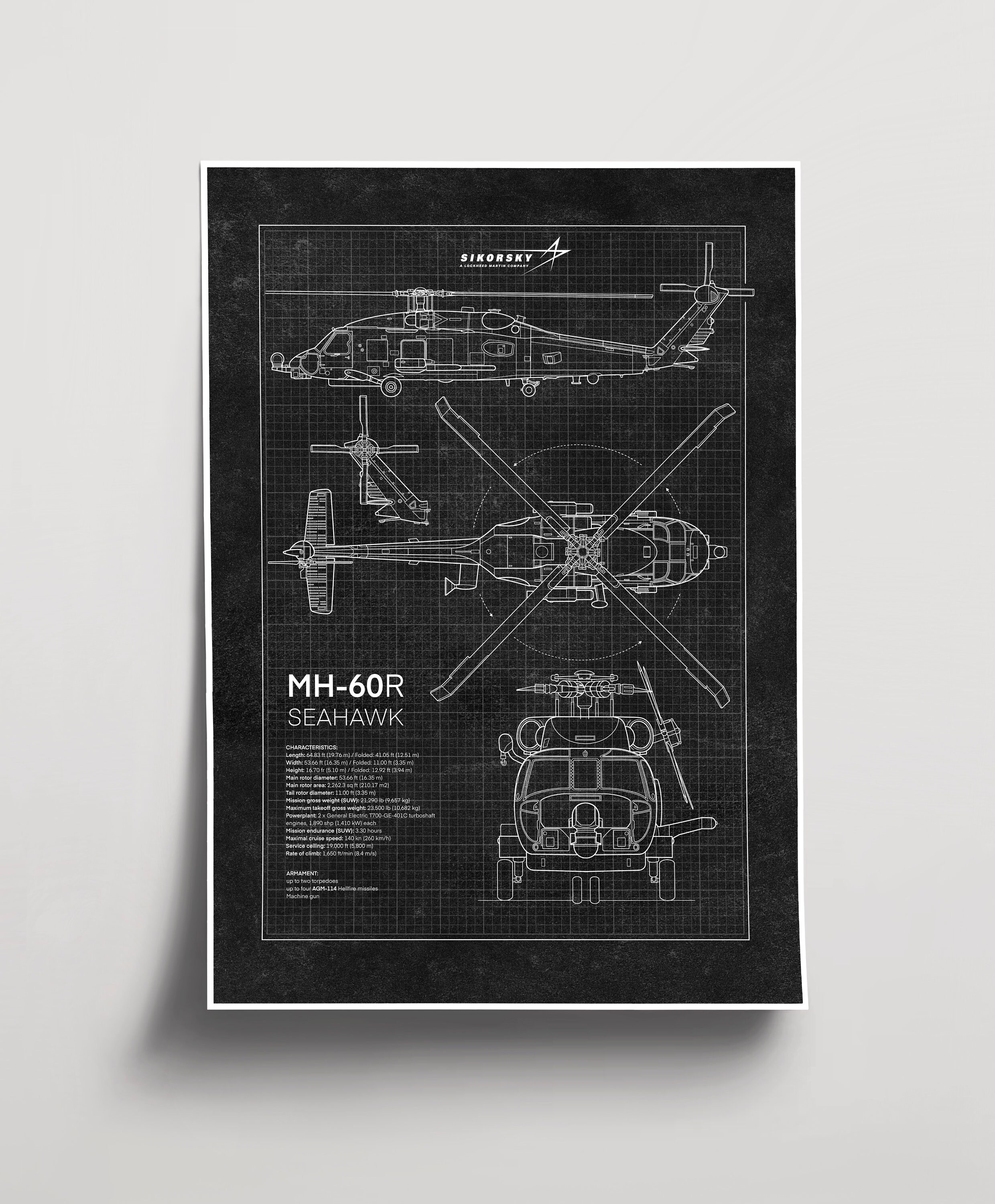 MH-60 Seahawk Helicopter, Blueprint Poster, Aviation Gift, Aviation ...