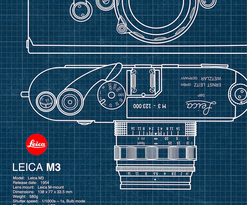 Leica M3 Camera, Blueprint Poster, Vintage Camera, Camera Poster, Gift ...