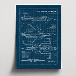 Saab JAS-39 Gripen Blueprint Poster: Swedish Fighter Jet Aviation Art ...