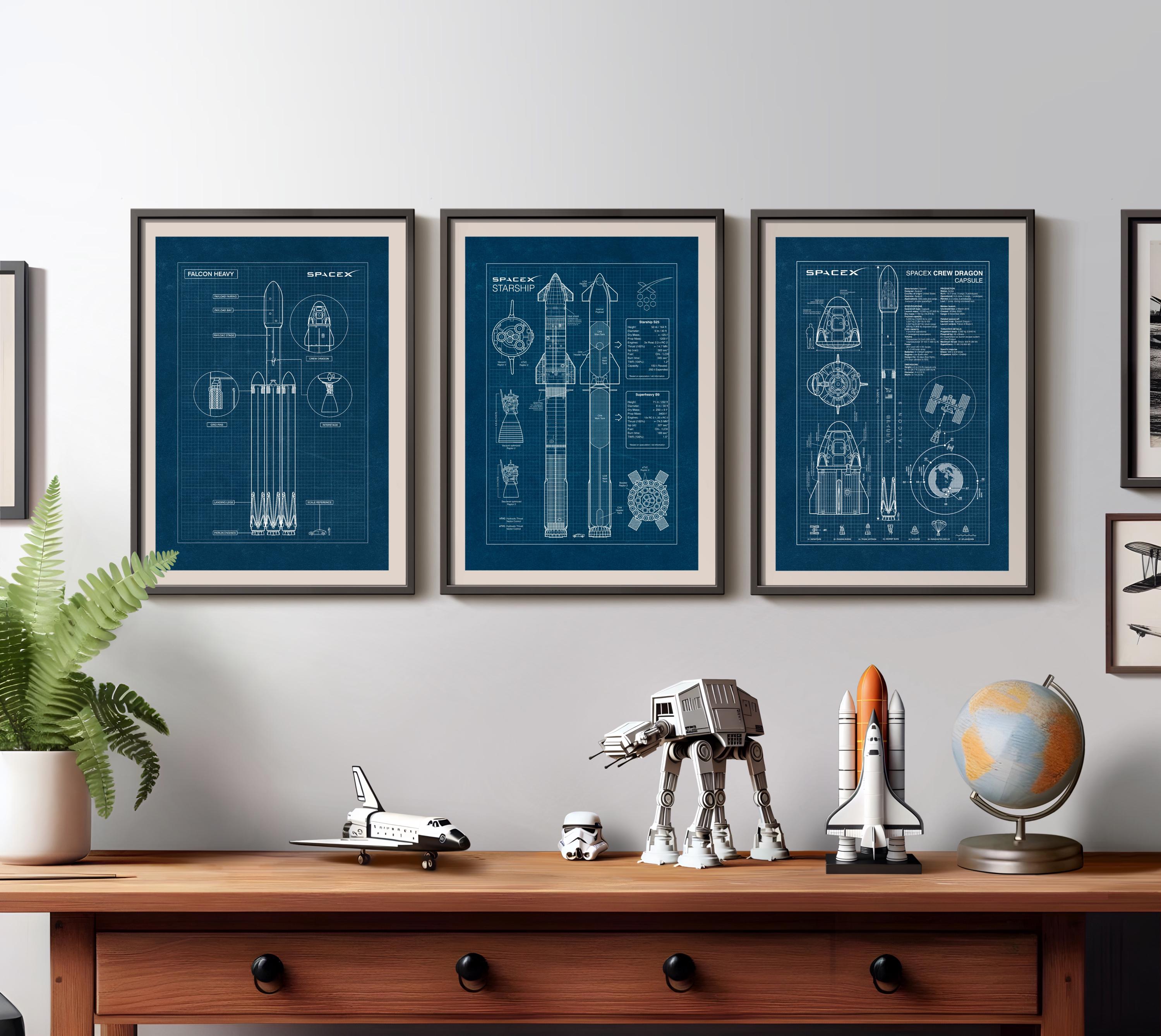 Spacex Starship Blueprint Poster: Aerospace Wall Art, Space Theme Print ...