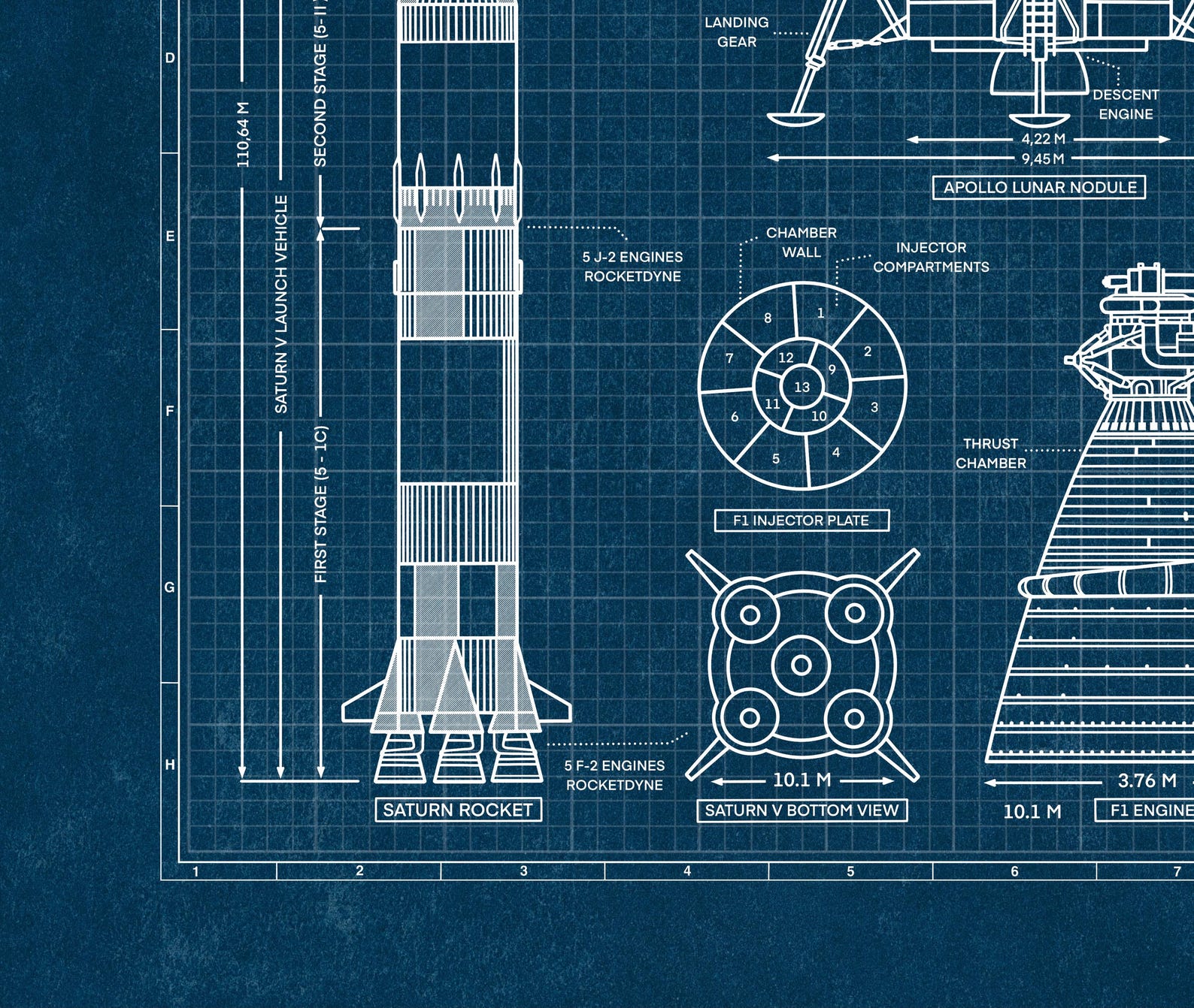 Apollo 11 Blueprint Poster: Saturn V Rocket, NASA Wall Art (digital ...